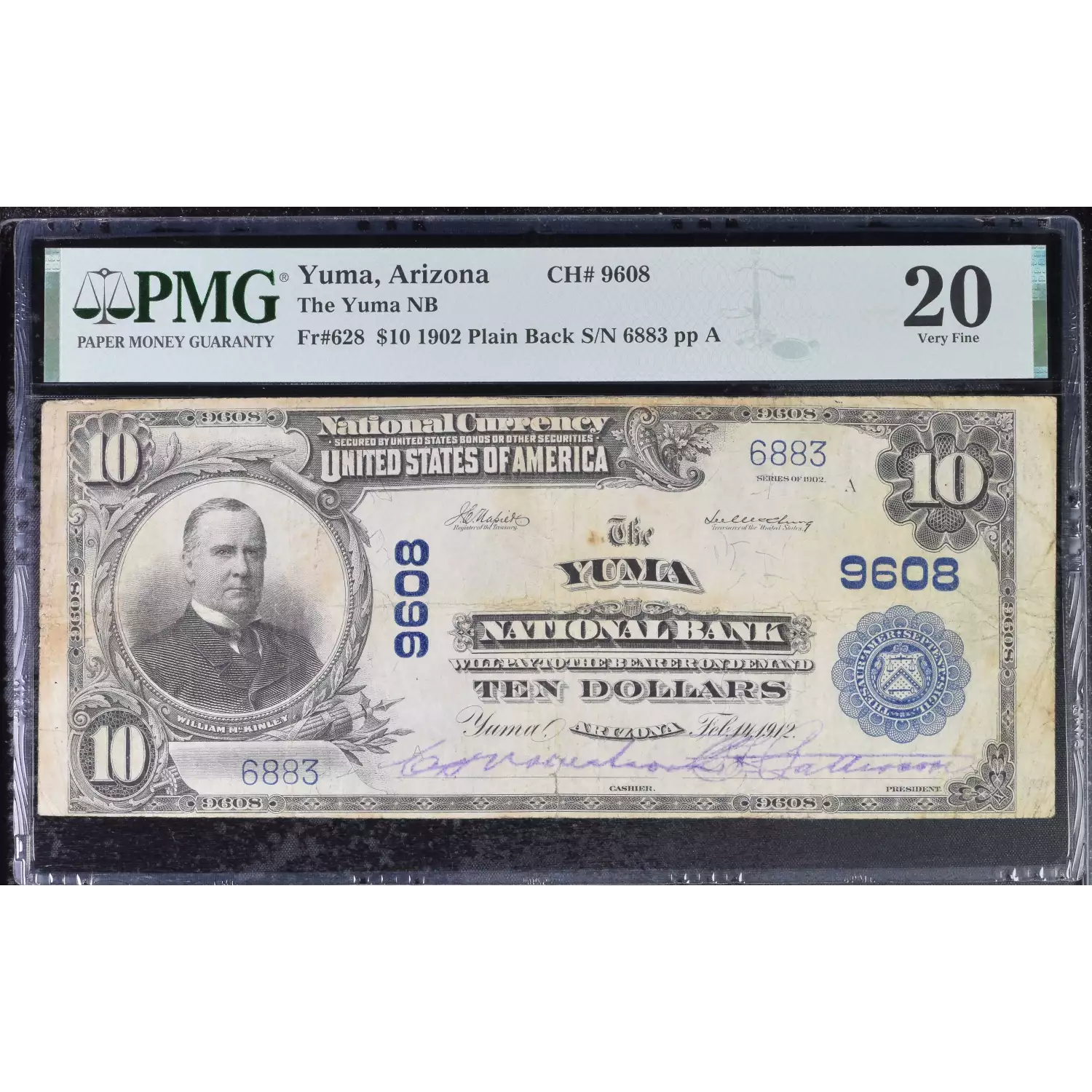 1902 PB $10 Yuma National Bank Arizona Note CH#9608 FR#628 PMG VF 20 ...