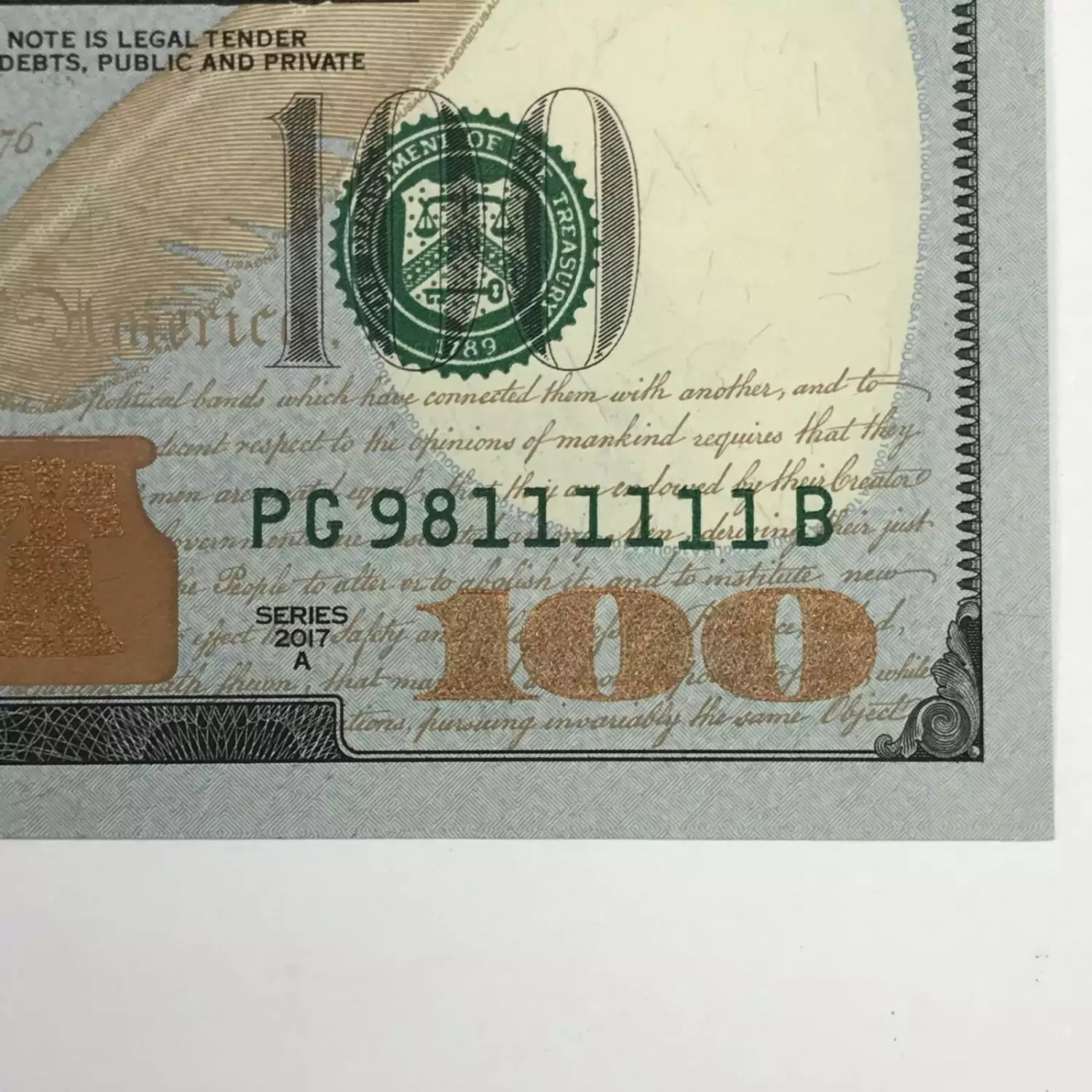 2017-A $100 Federal Reserve Note FR 2189-G Fancy Serial 98111111 - Old ...