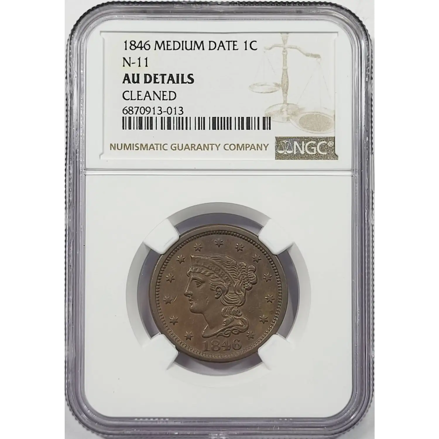 1846 Braided Hair Large Cent NGC AU Details BN Cleaned N-11 Medium Date ...