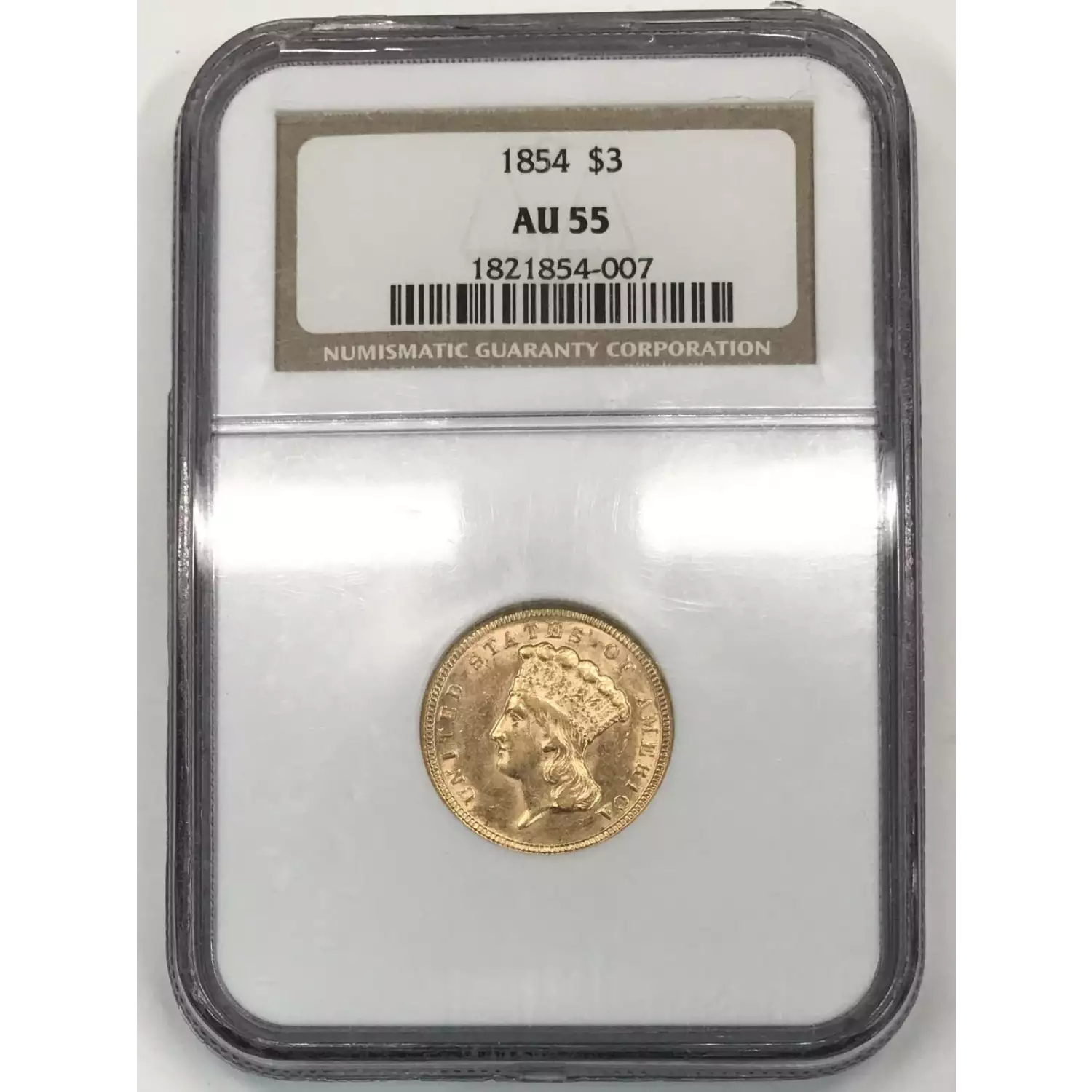 1854 Indian Princess Head $3 Gold Piece NGC AU-55 - Old Pueblo Coin