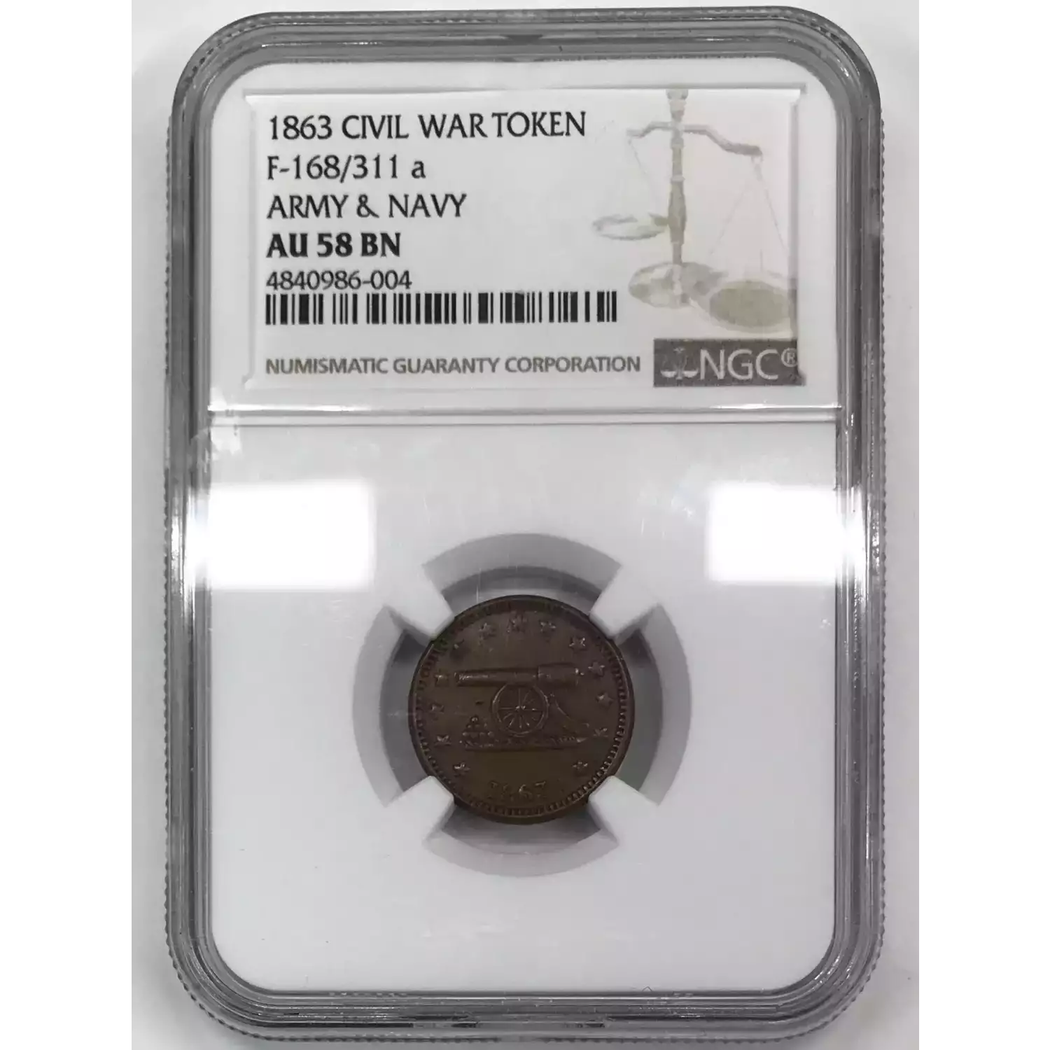 1863 Civil War Token NGC AU-58 BN F-168/311 a ARMY & NAVY - Old Pueblo Coin