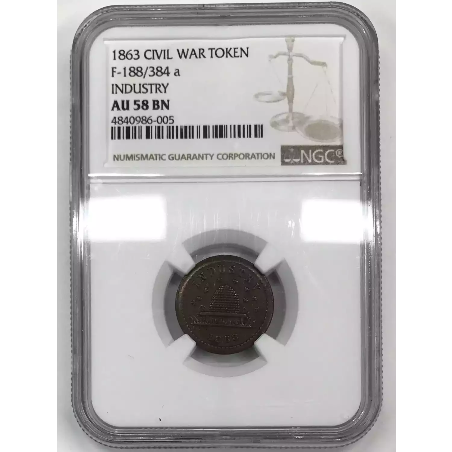 1863 Pvt Tokens - Civil War Tokens Various common types NGC AU-58 BN F-188/384 a INDUSTRY - Old ...