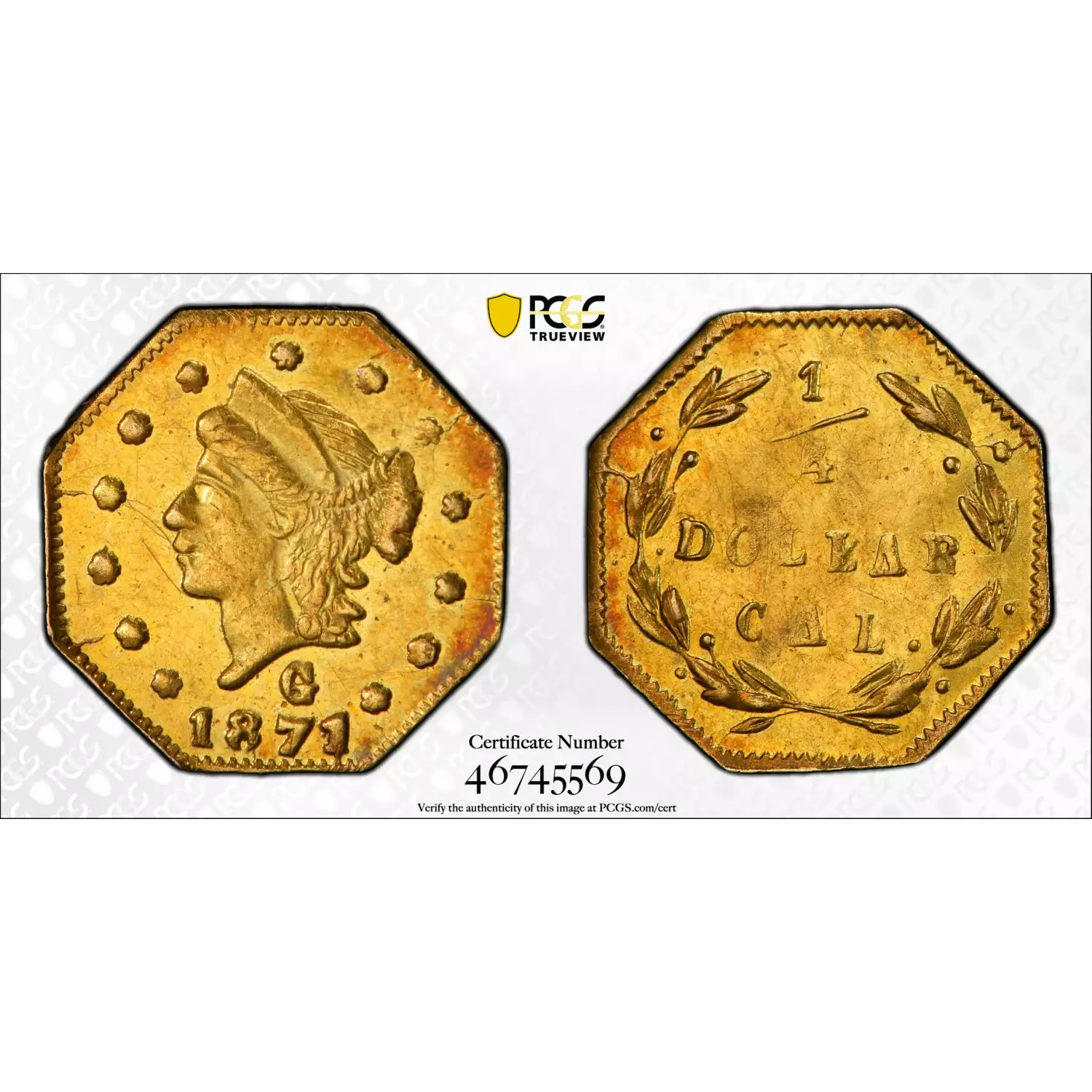 1871 Liberty Head Octagonal California Fractional Gold 1/4 Dollar PCGS ...