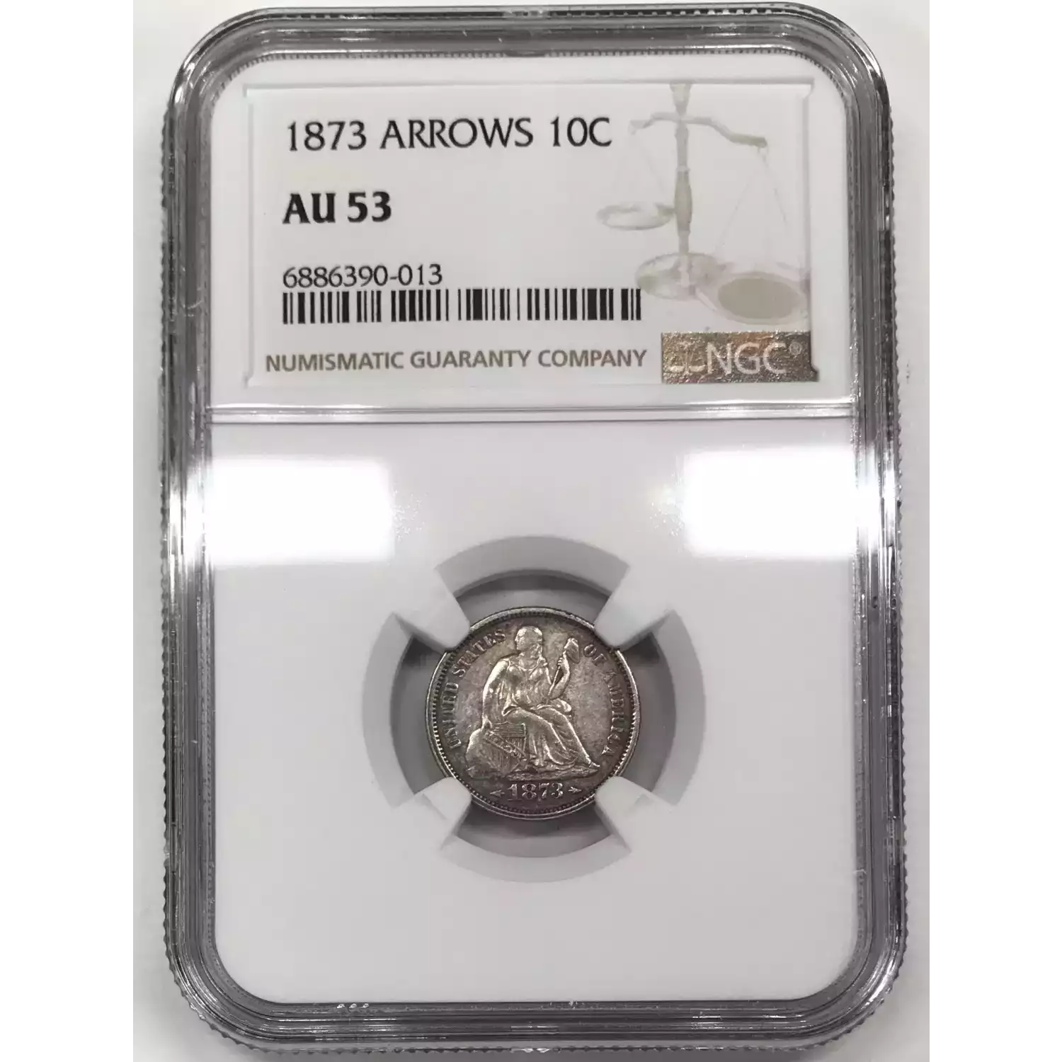 1873 Seated Liberty Dime NGC AU-53 ARROWS - Old Pueblo Coin