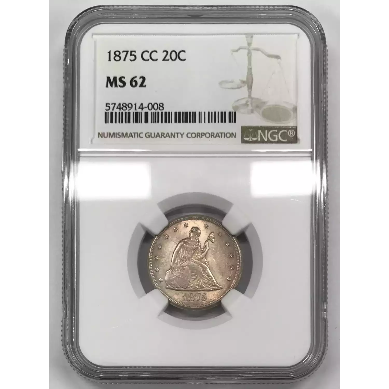1875-CC Seated Liberty Twenty Cent Piece (20c) NGC MS-62 - Old Pueblo Coin