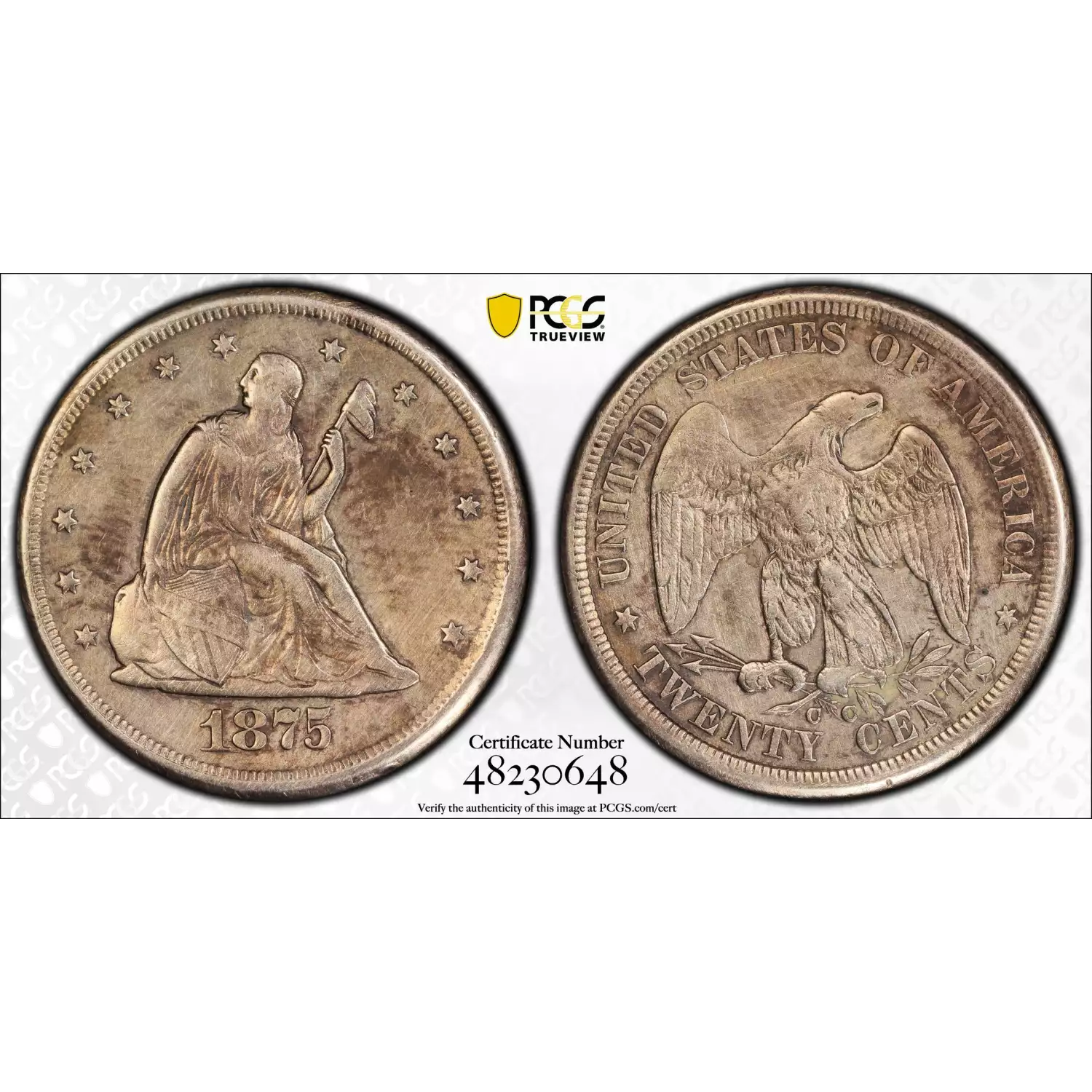 1875-CC Seated Liberty Twenty Cent Piece (20c) PCGS Genuine - XF Details (92 - Cleaned) - Old ...