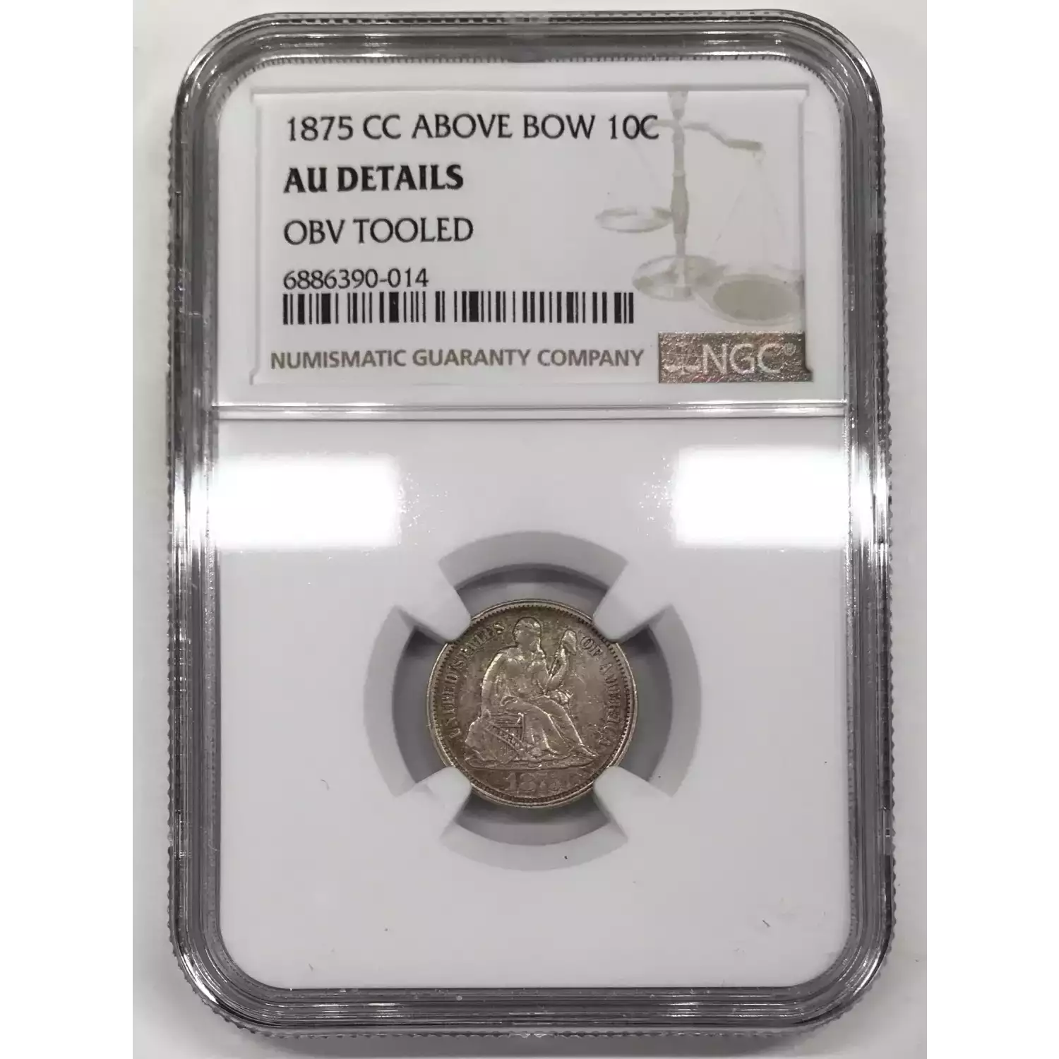 1875-CC Seated Liberty Dime NGC AU-Details ABOVE BOW - Old Pueblo Coin