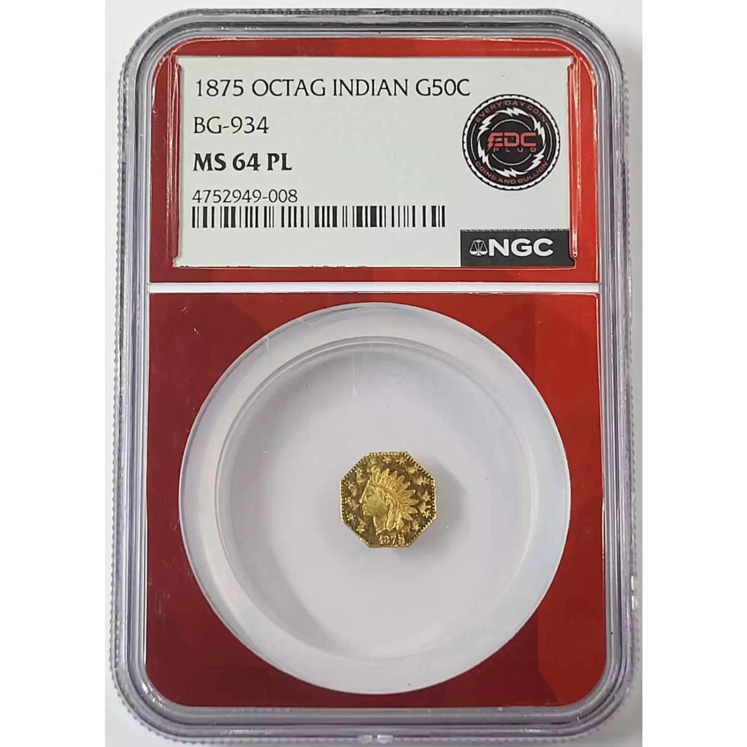 1875 Indian Head Octagonal California Gold 1/2 Dollar NGC MS-64 PL BG ...