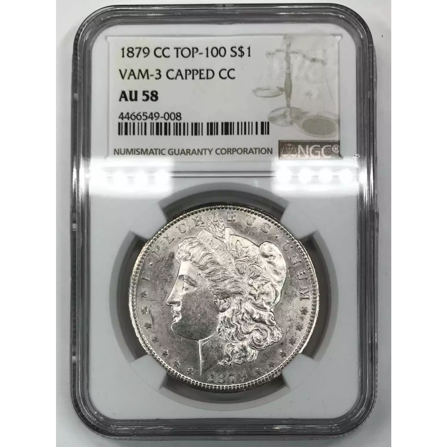 1879-CC Morgan Silver Dollar NGC AU-58 TOP 100 VAM-3 CAPPED CC - Old Pueblo Coin