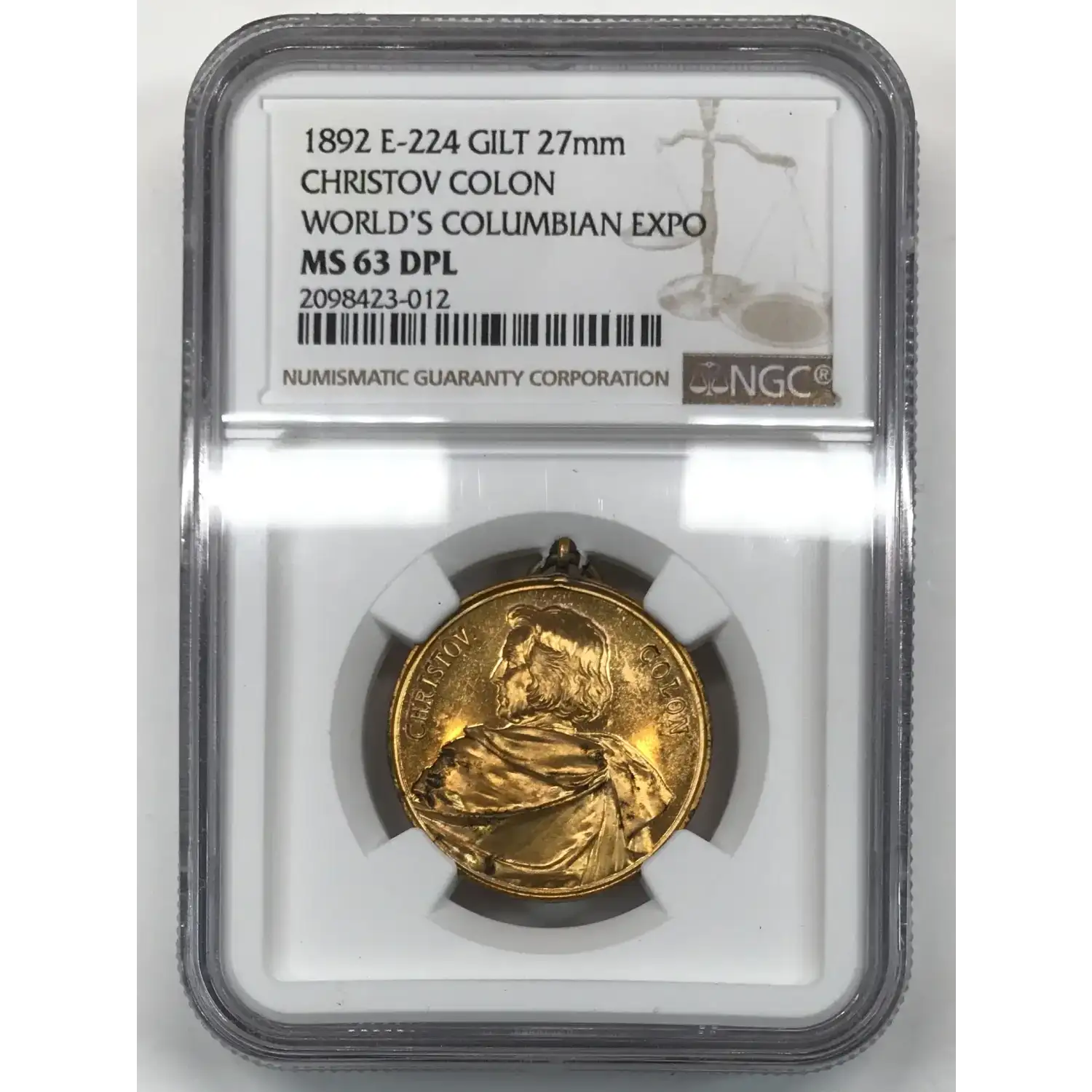 1892 Medal NGC MS-63 DPL E-224 GILT CHRISTOV COLON WORLD'S COLUMBIAN ...