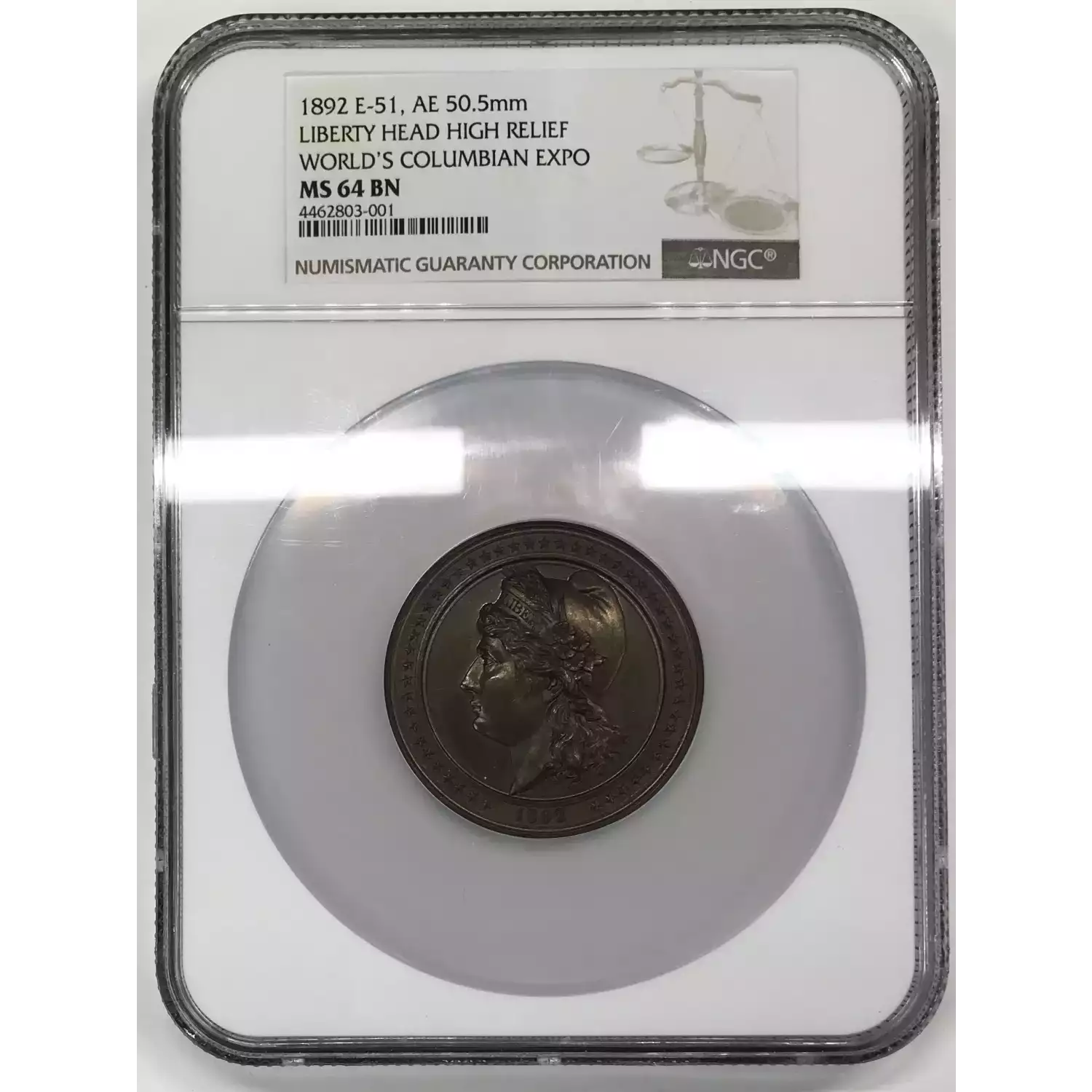 1892 Medal NGC MS-64 BN E-51 LIBERTY HEAD HIGH RELIEF WORLD'S COLUMBIAN ...