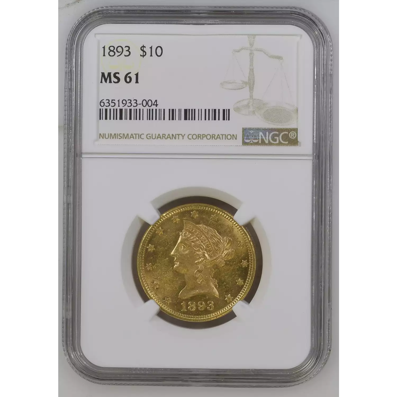 1893 $10 Gold Liberty Head Eagle NGC MS-61 - Old Pueblo Coin