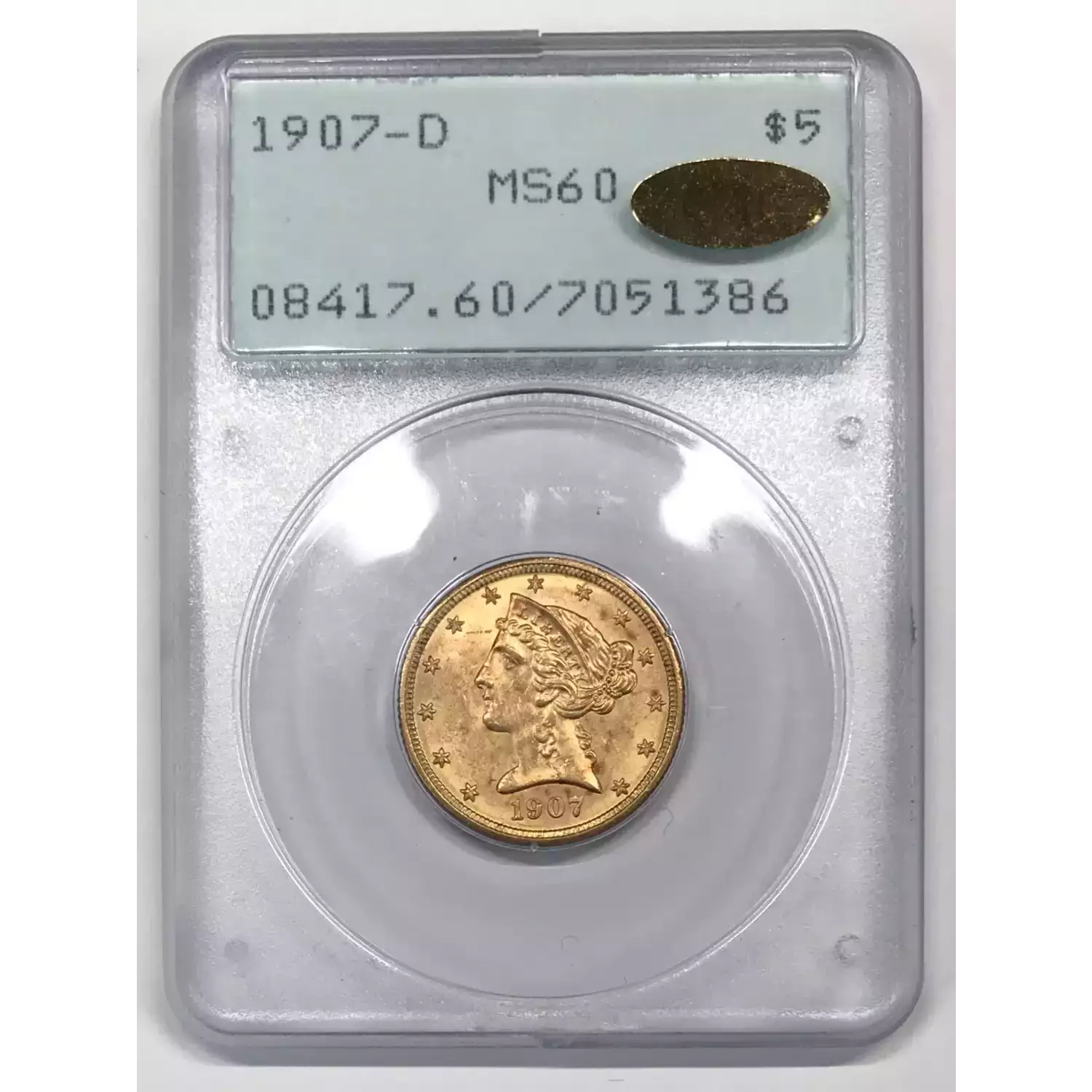 1907-D $5 Gold Liberty Head Half Eagle PCGS MS-60 CAC Gold - Old Pueblo Coin