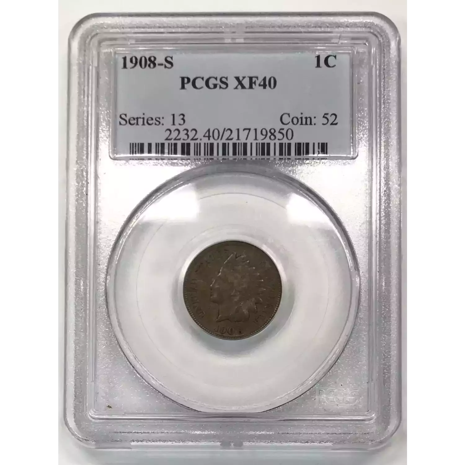 1908-S Indian Head Cent PCGS XF-40 BN - Old Pueblo Coin
