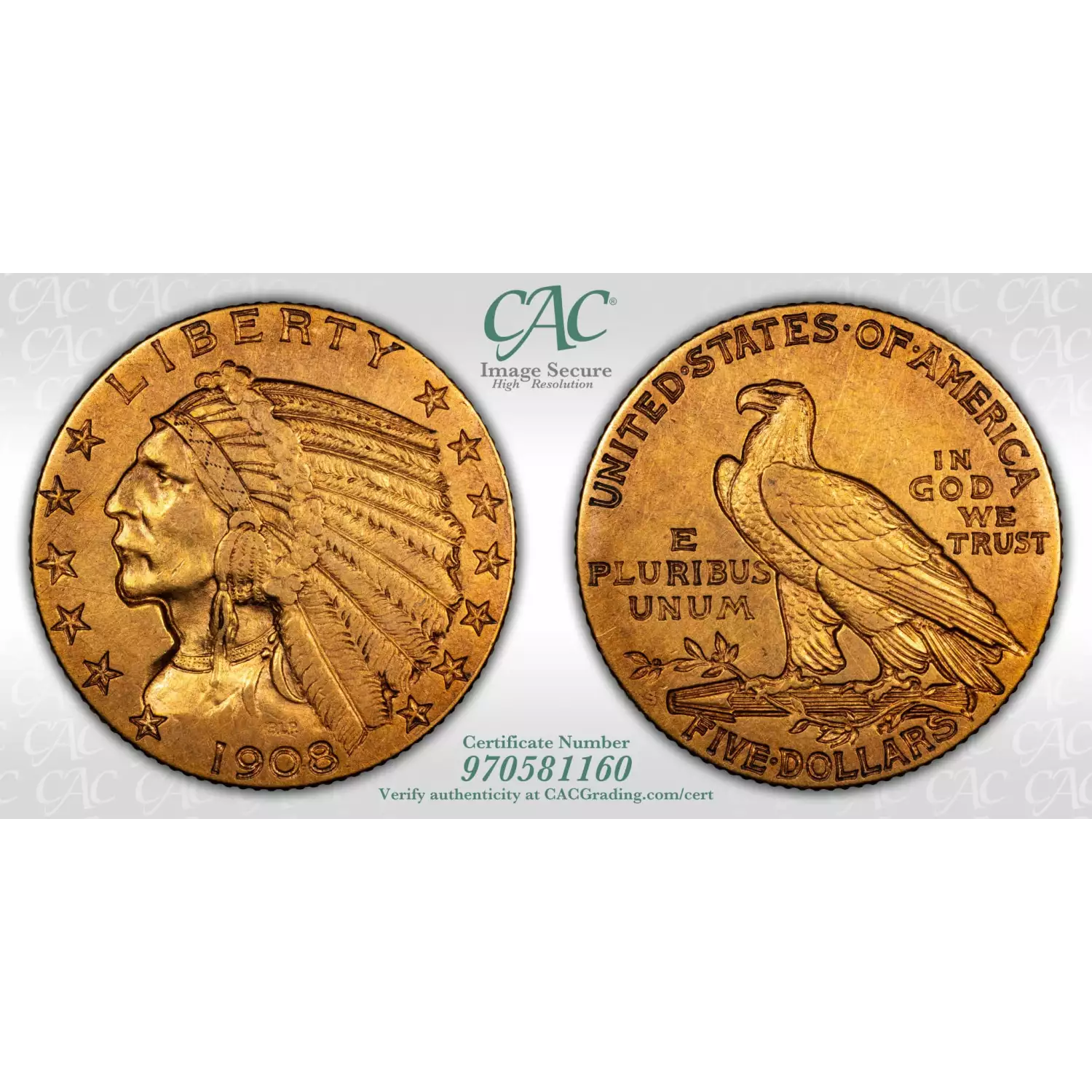 1908-S $5 Gold Indian Head Half Eagle CACG XF 45 CAC - Old Pueblo Coin