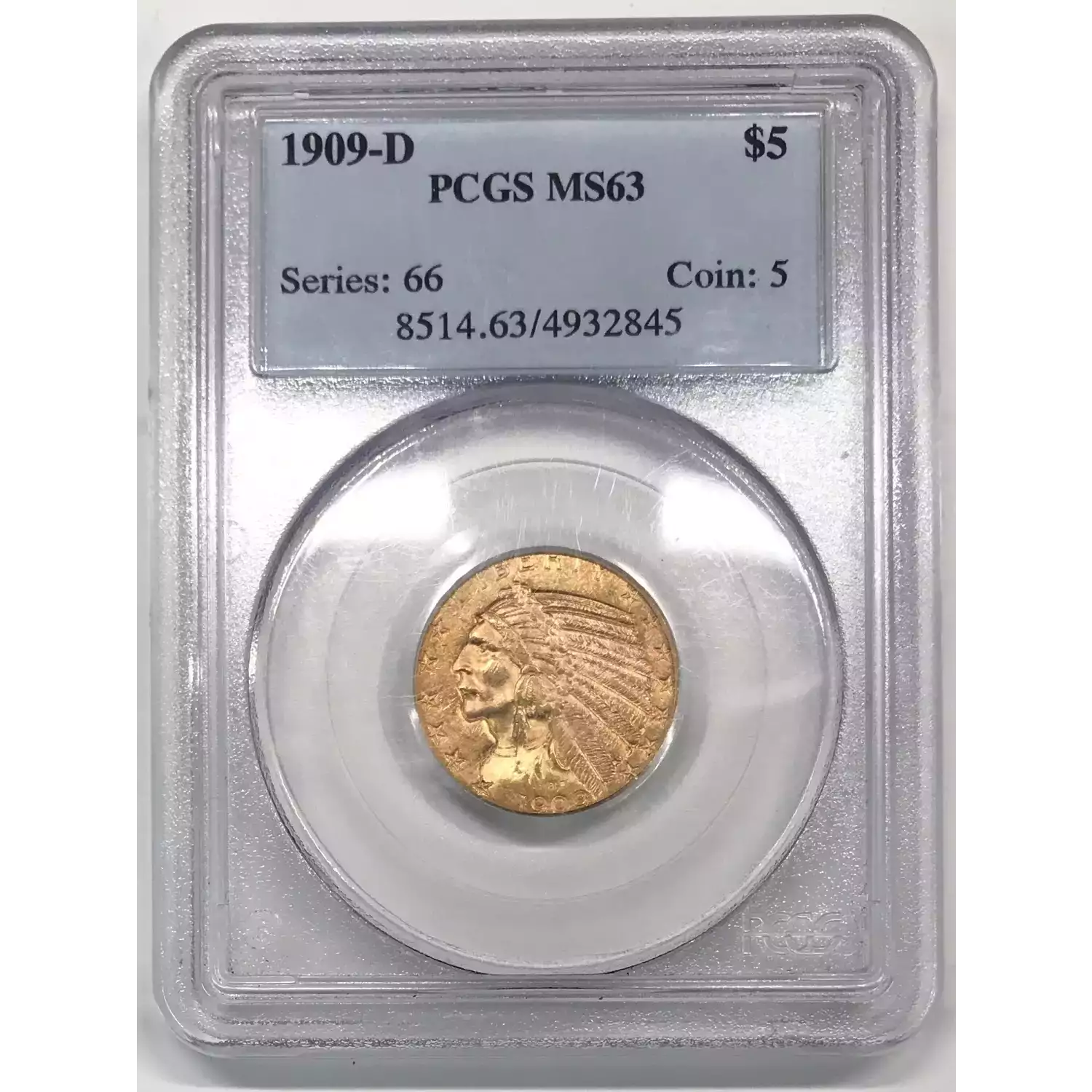 1909-D $5 Gold Indian Head Half Eagle PCGS MS-63 - Old Pueblo Coin