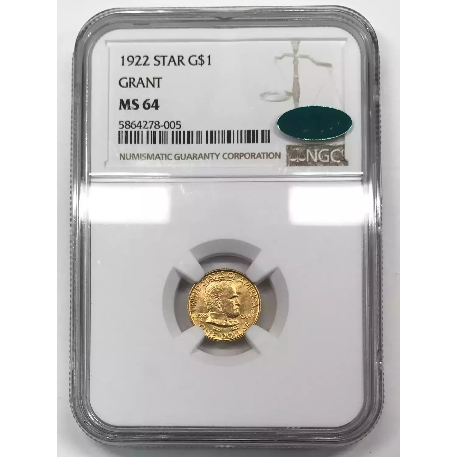1922 Grant Memorial Commemorative Gold Dollar NGC MS-64 STAR CAC - Old ...