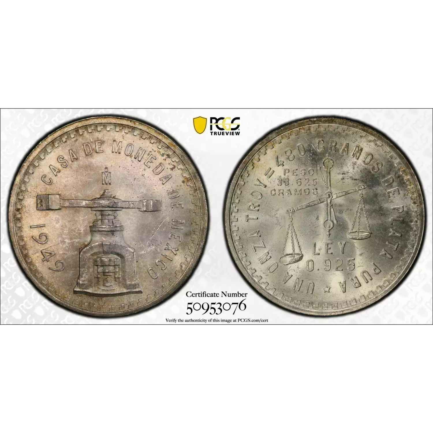 1949-Mo MEXICO Silver ONZA PCGS MS-63 KM-M49a - Old Pueblo Coin