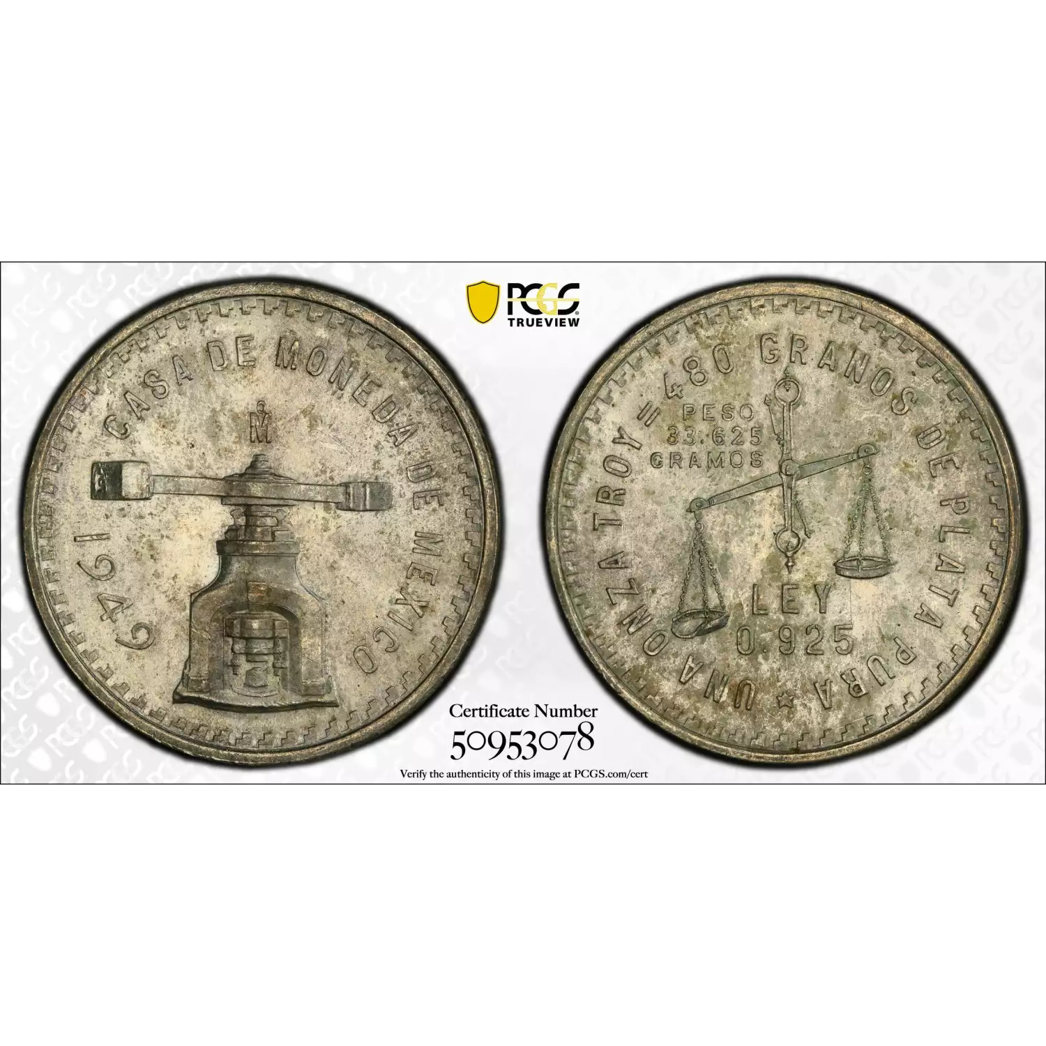 1949-Mo MEXICO Silver ONZA PCGS MS-63 KM-M49a - Old Pueblo Coin