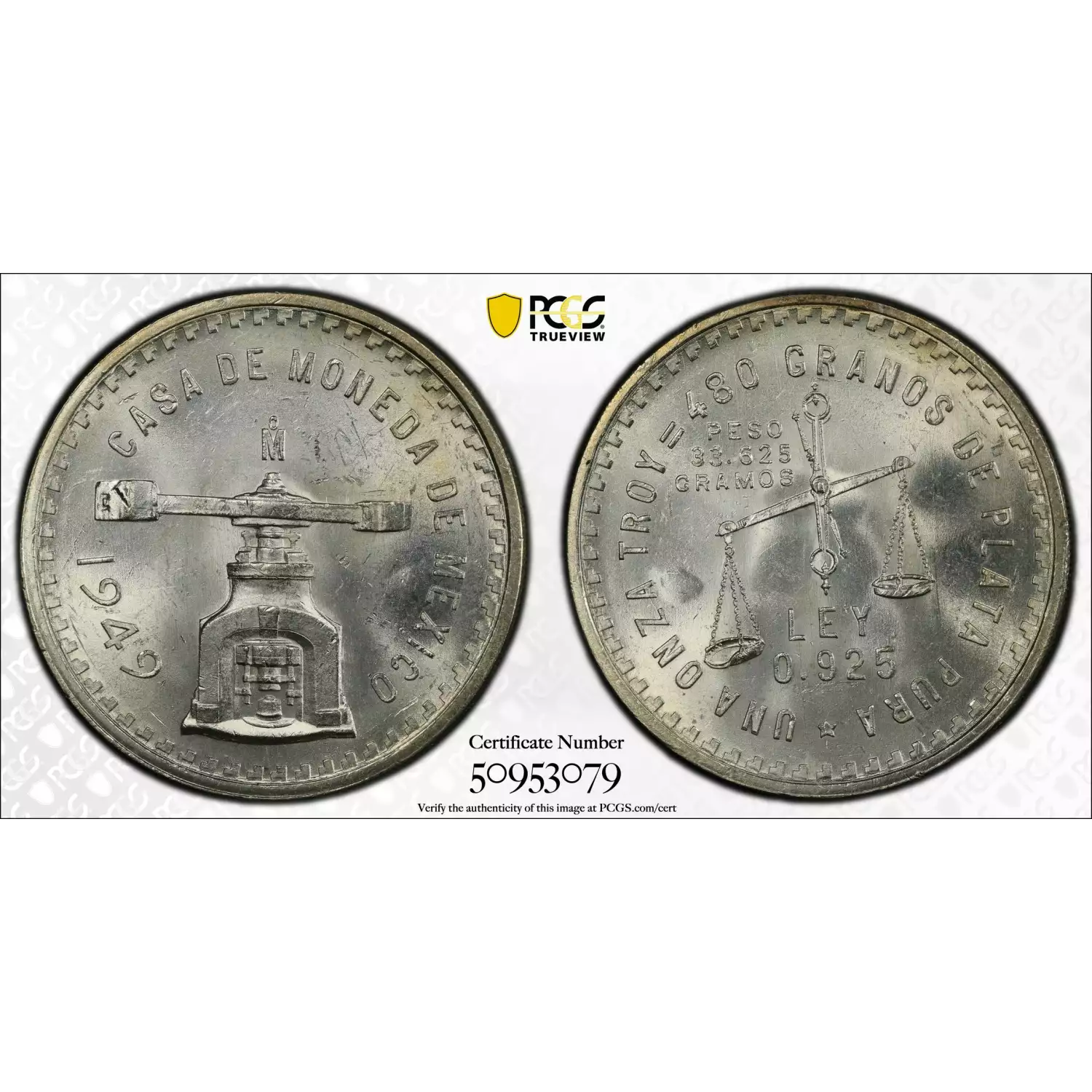 1949-Mo MEXICO Silver ONZA PCGS MS-63 KM-M49a - Old Pueblo Coin