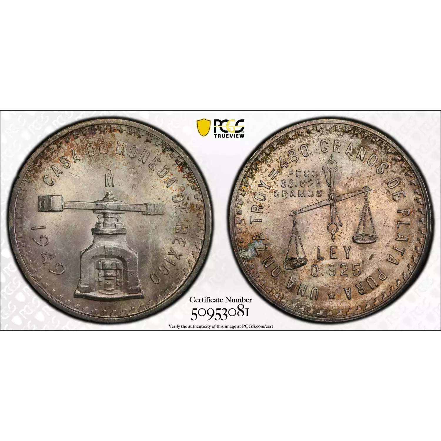 1949-Mo MEXICO Silver ONZA PCGS MS-64 KM-M49a - Old Pueblo Coin