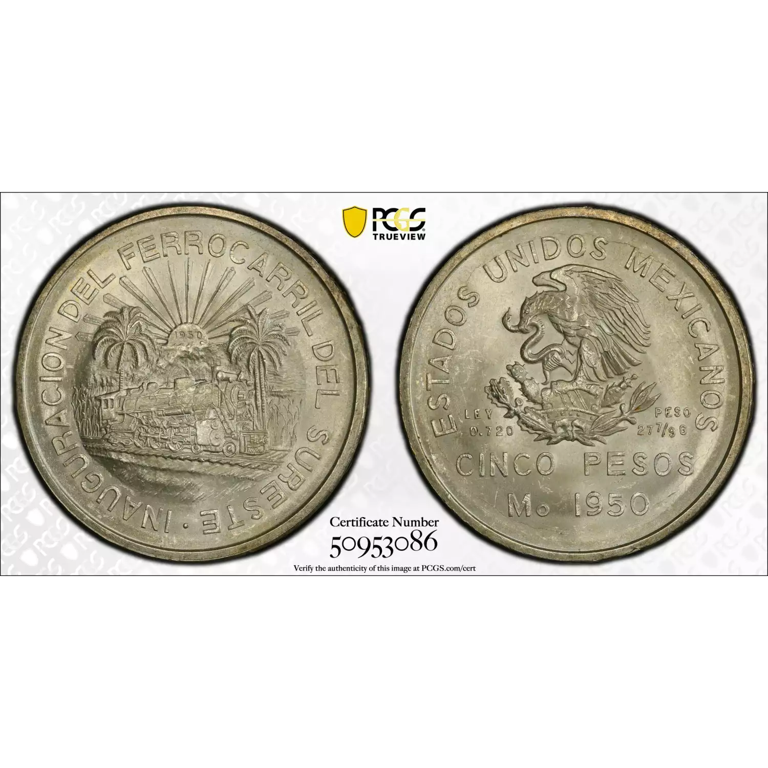 1950-Mo MEXICO Silver 5 PESOS PCGS MS-65 Southeastern Railroad KM-466 ...