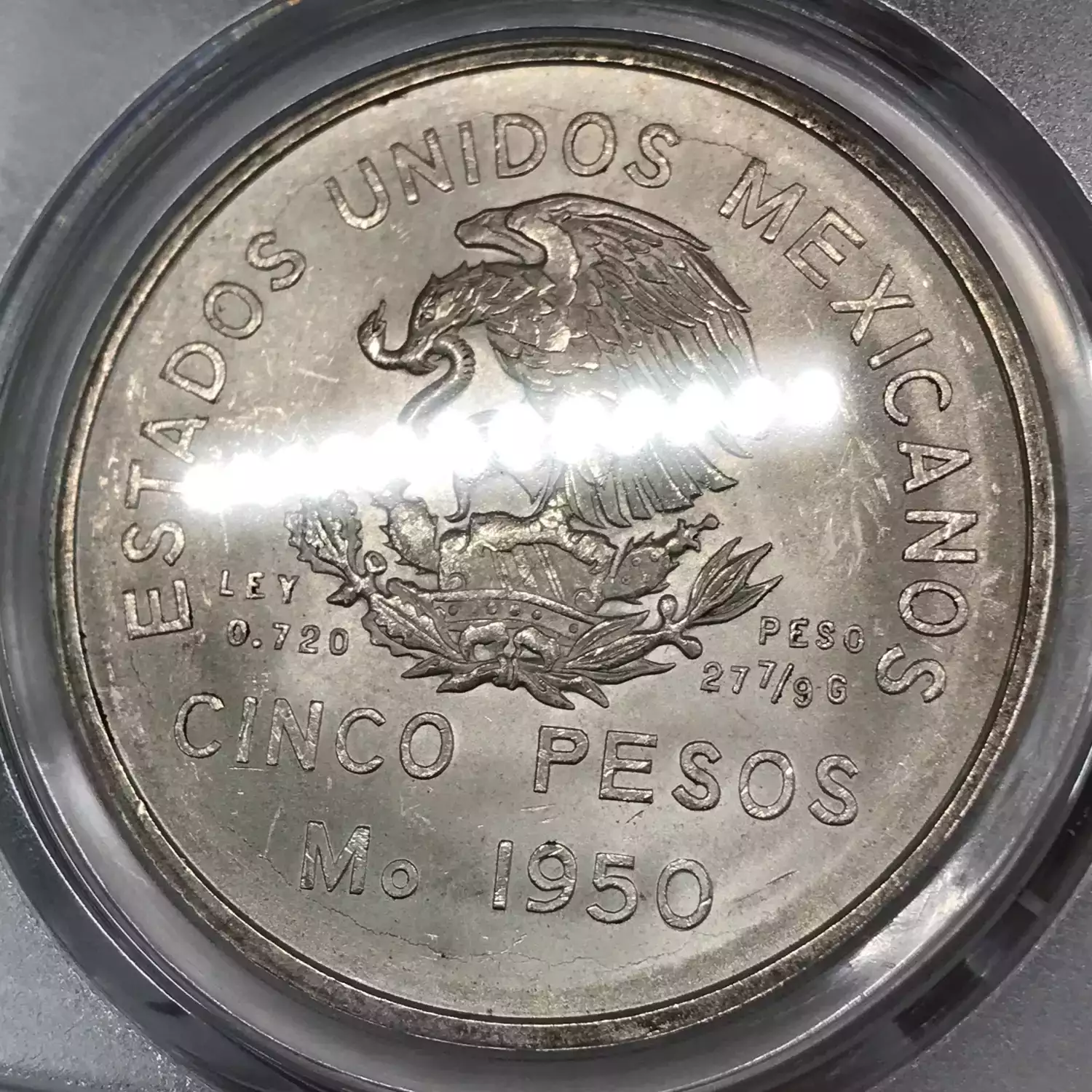 1950-Mo MEXICO Silver 5 PESOS PCGS MS-65 Southeastern Railroad KM-466 ...