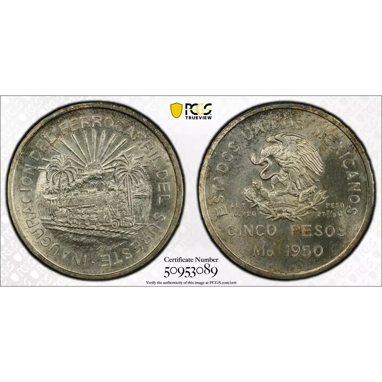 1950-Mo MEXICO Silver 5 PESOS PCGS MS-65 Southeastern Railroad KM-466 ...