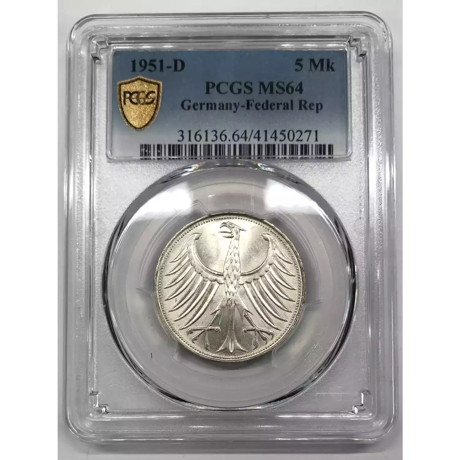 1951-D GERMANY-FEDERAL REPUBLIC Silver 5 MARK PCGS MS-64 - Old Pueblo Coin