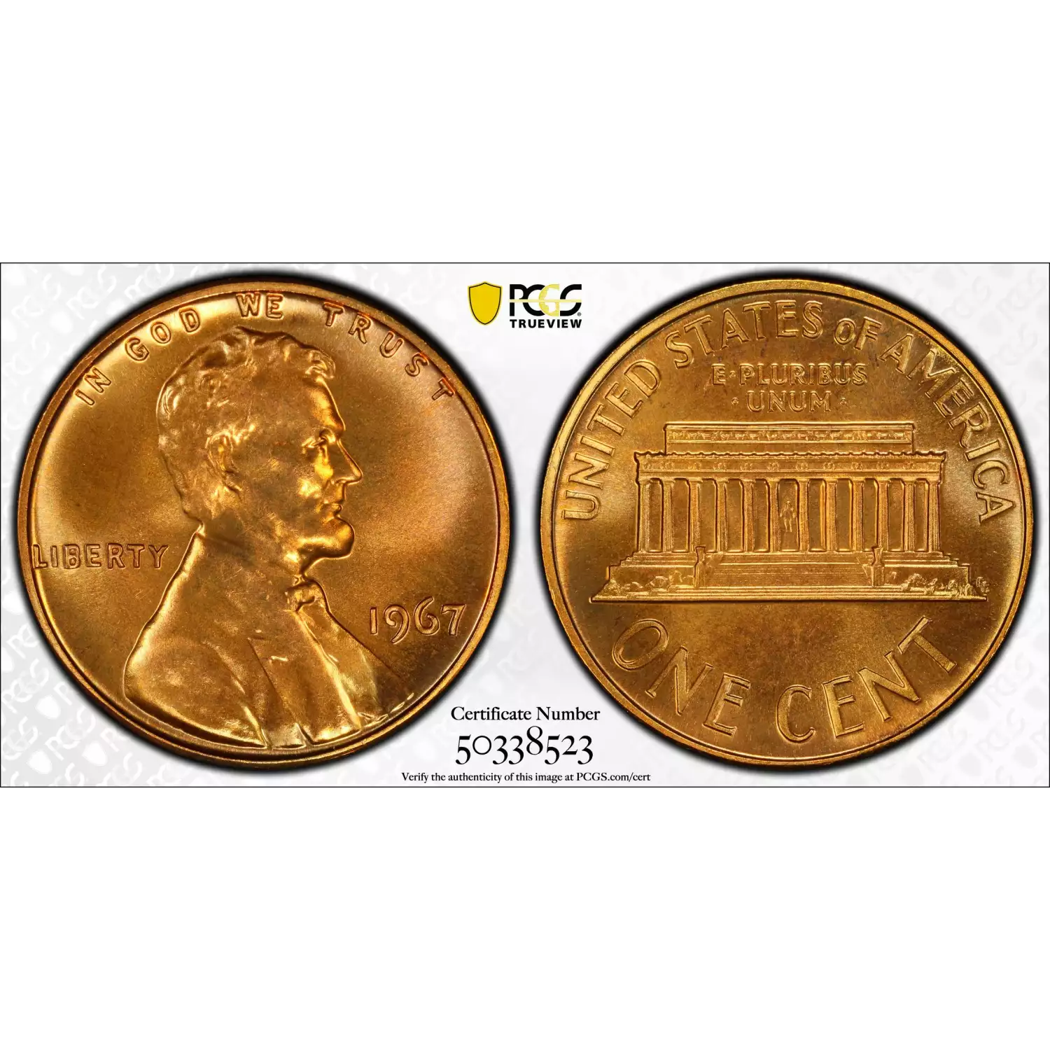 1967 Lincoln Memorial Cent PCGS SP-67 RD SMS - Old Pueblo Coin