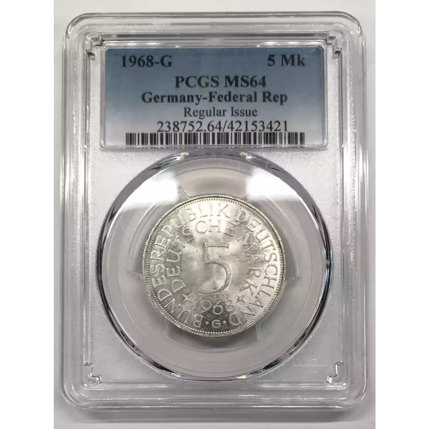 1968-G GERMANY-FEDERAL REPUBLIC Silver 5 MARK PCGS MS-64 Regular Issue ...