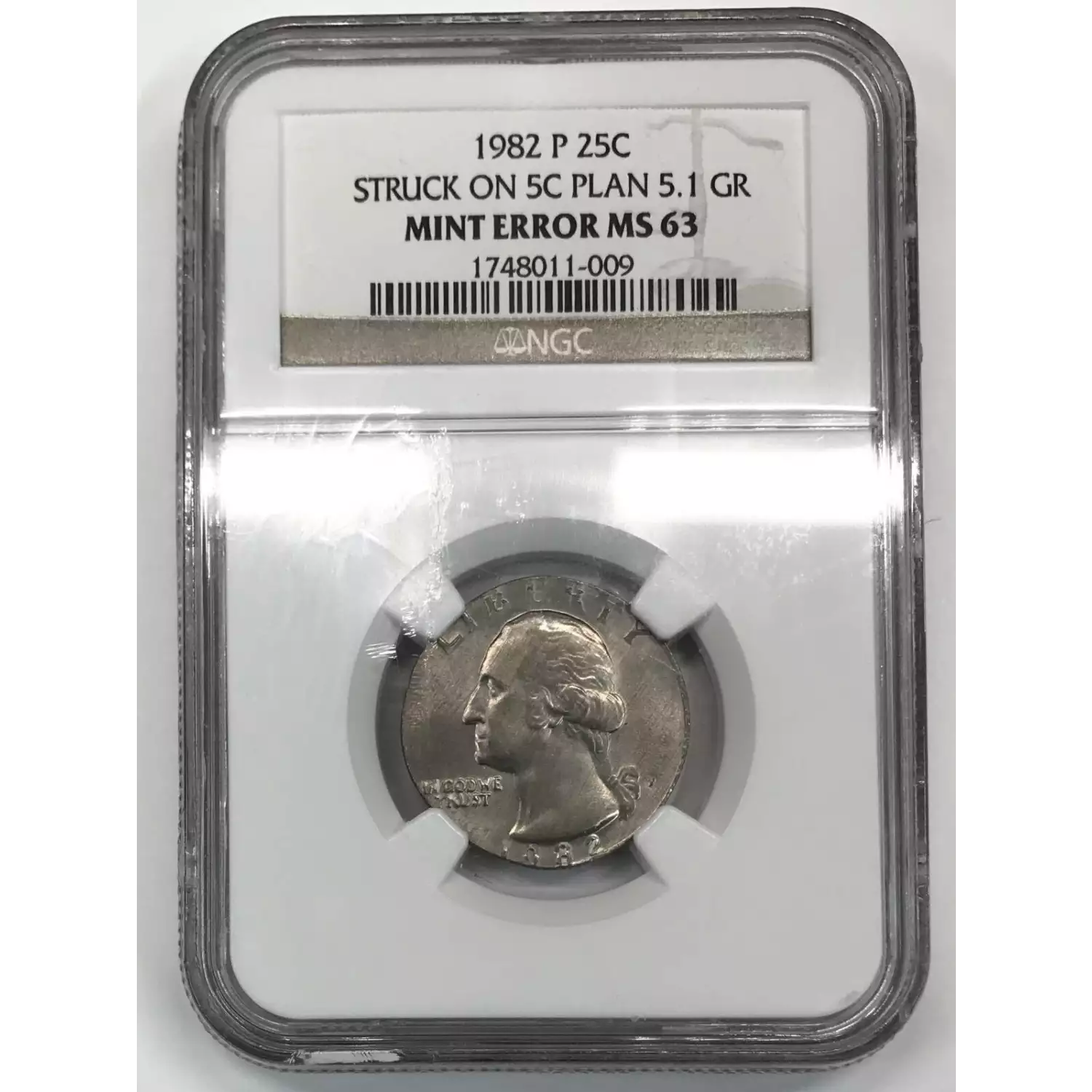1982 Washington Quarter NGC MS-63 STRUCK ON 5C PLANCHET 5.1 GR - Old ...