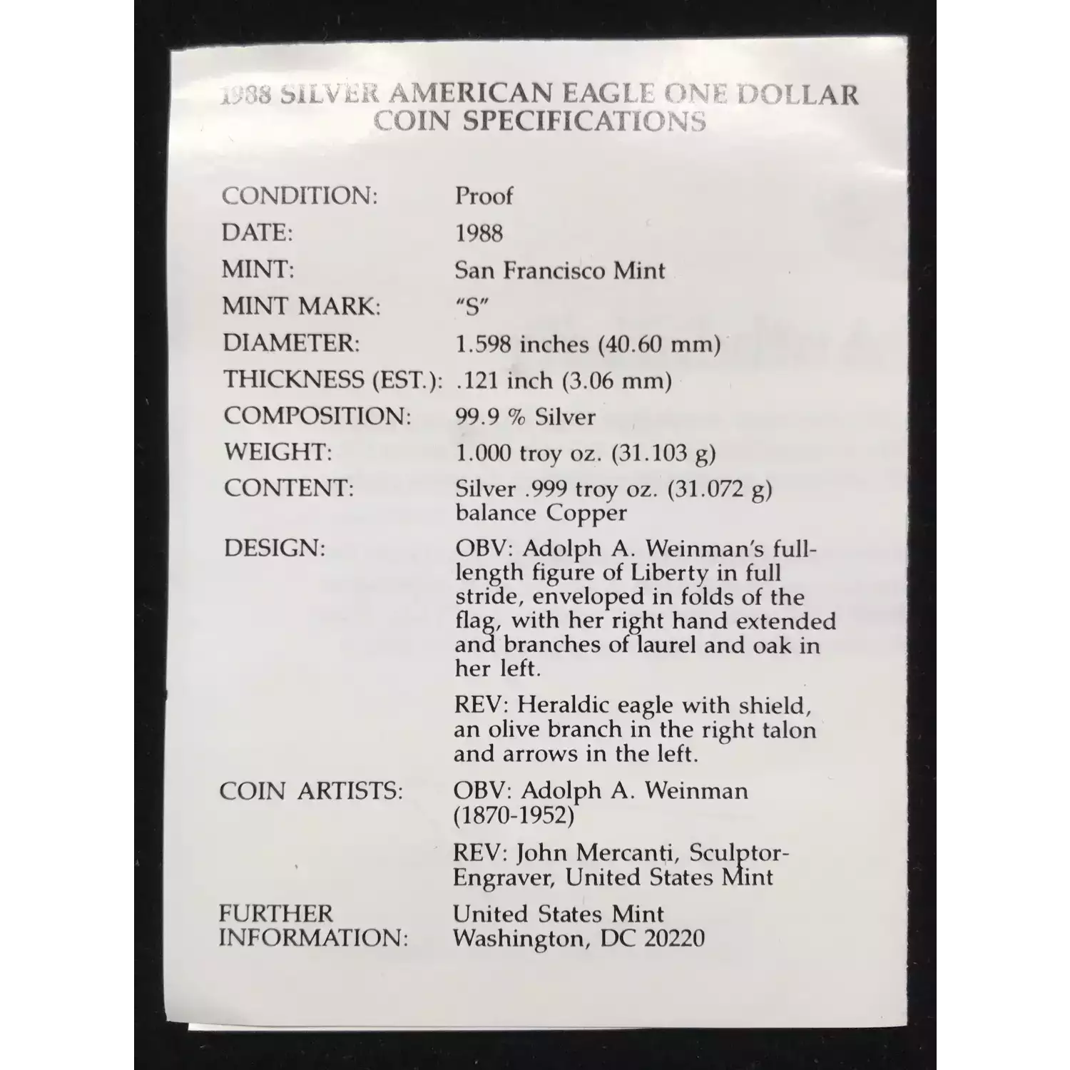 1988-S Proof Silver Eagle w OGP - Box & COA - Old Pueblo Coin