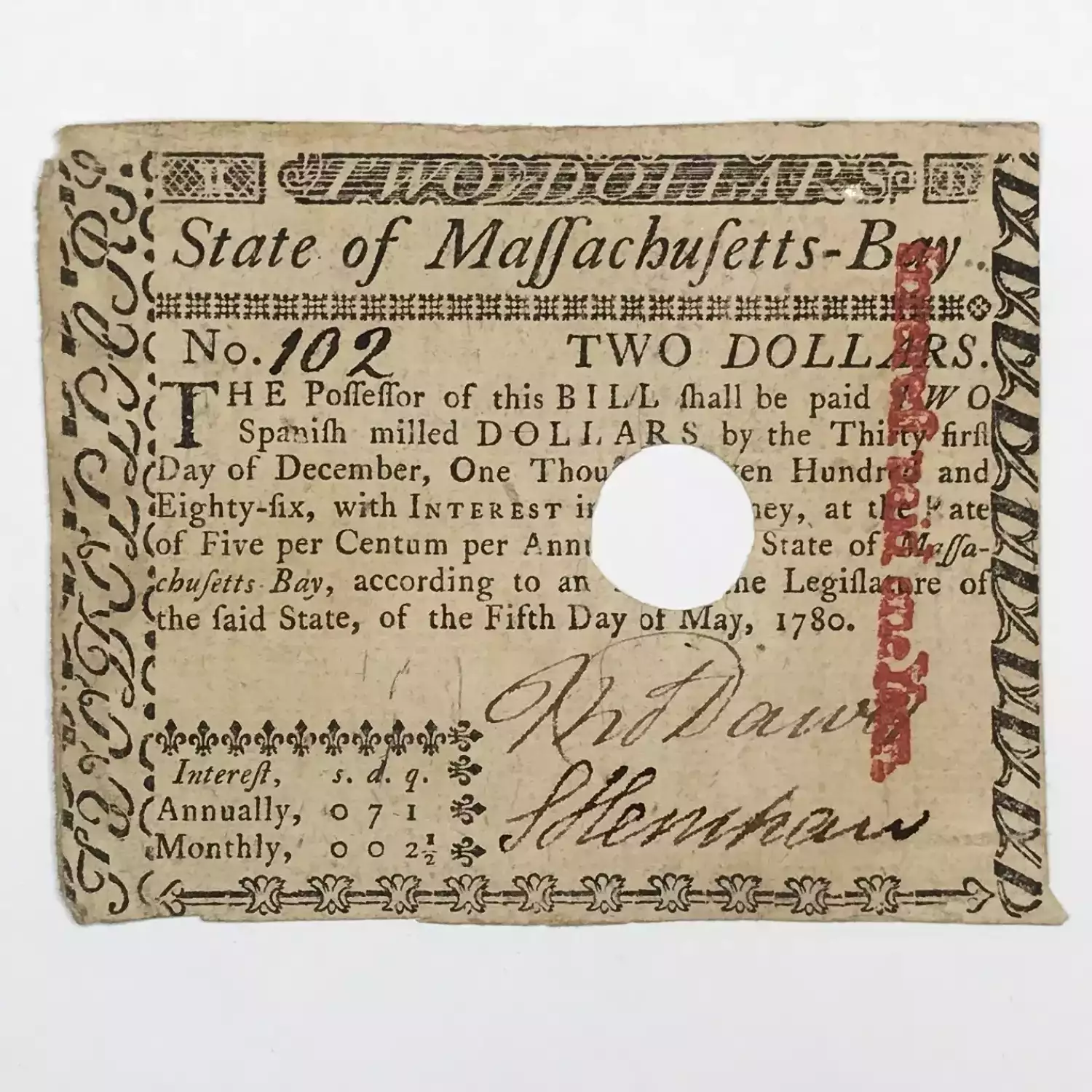 May 5, 1780 $2 COLONIAL CURRENCY Massachusetts Bay MA-279 - Hall ...