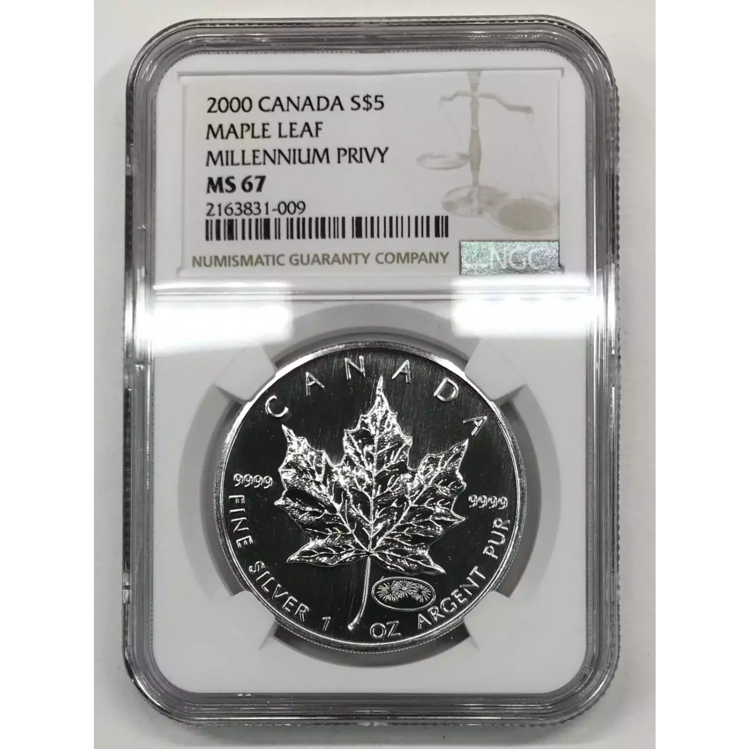 2000 Canada 1 oz Silver Maple Leaf $5 Coin NGC MS-67 MILLENNIUM PRIVY ...