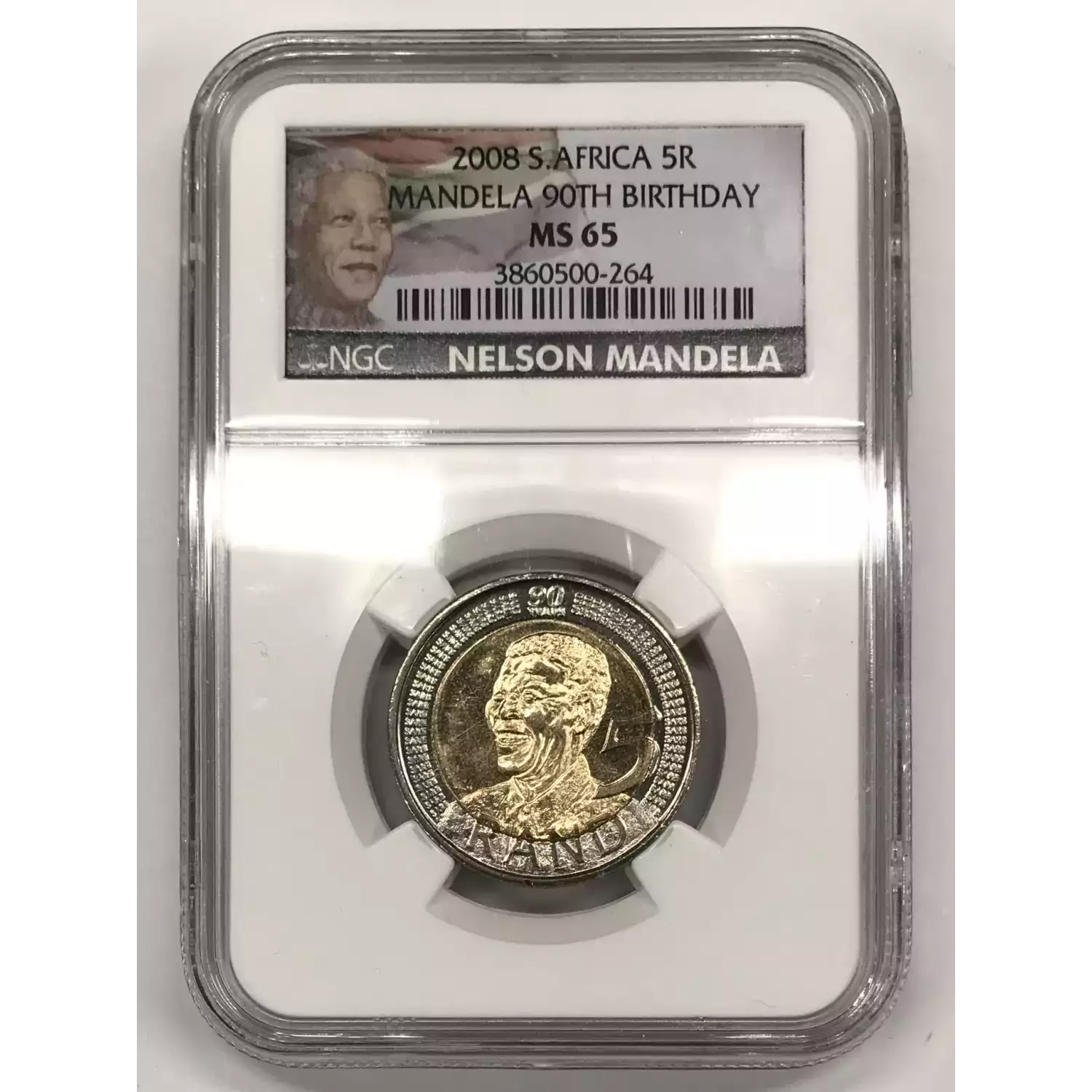 2008 South Africa Bi-Metallic 5 RAND NGC MS-65 MANDELA 90TH BIRTHDAY ...