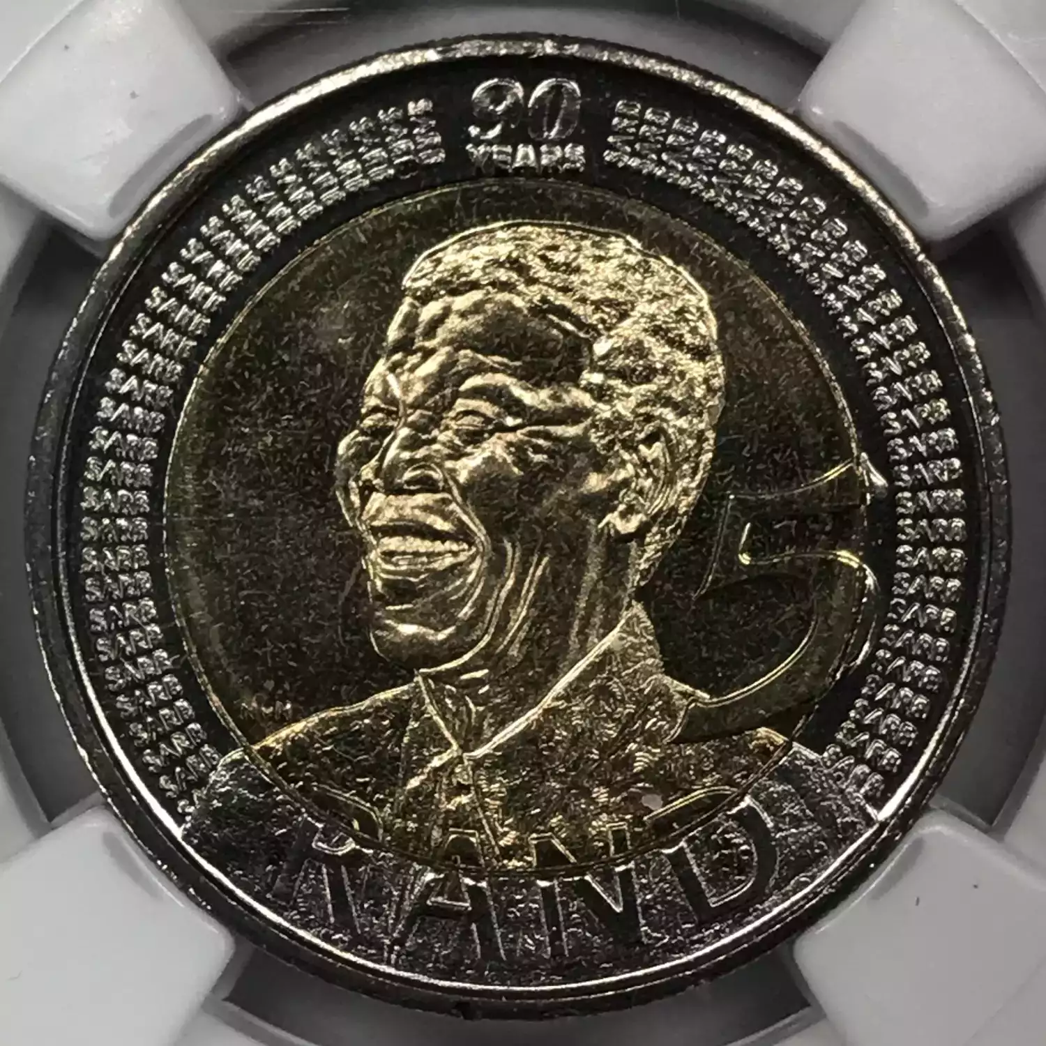 2008 South Africa Bi-Metallic 5 RAND NGC MS-65 MANDELA 90TH BIRTHDAY ...