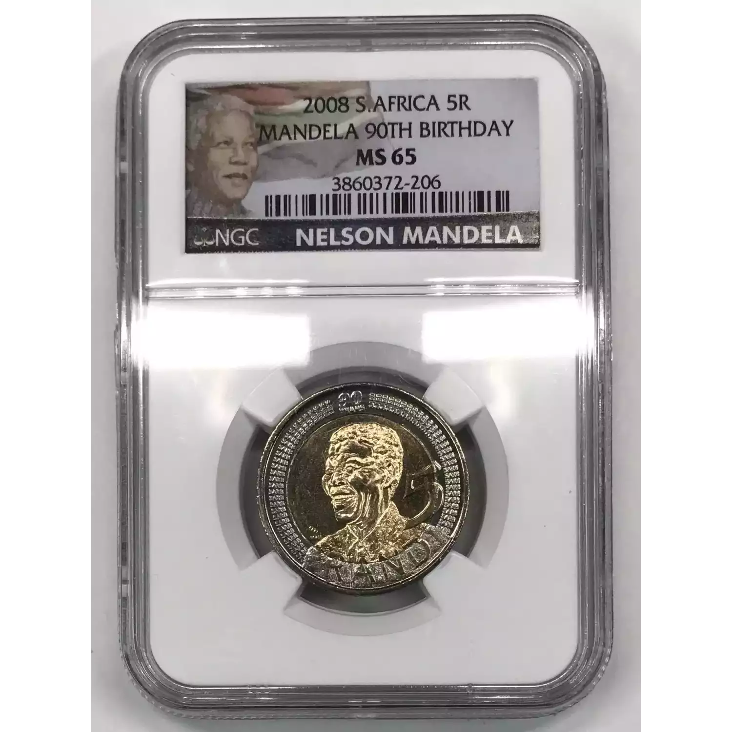 2008 South Africa Bi-Metallic 5 RAND NGC MS-65 MANDELA 90TH BIRTHDAY ...