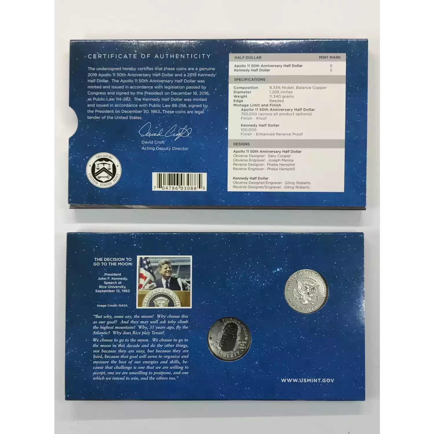 2019-S Apollo 11 Half Dollar Set w US Mint OGP - Enhanced Reverse Proof ...