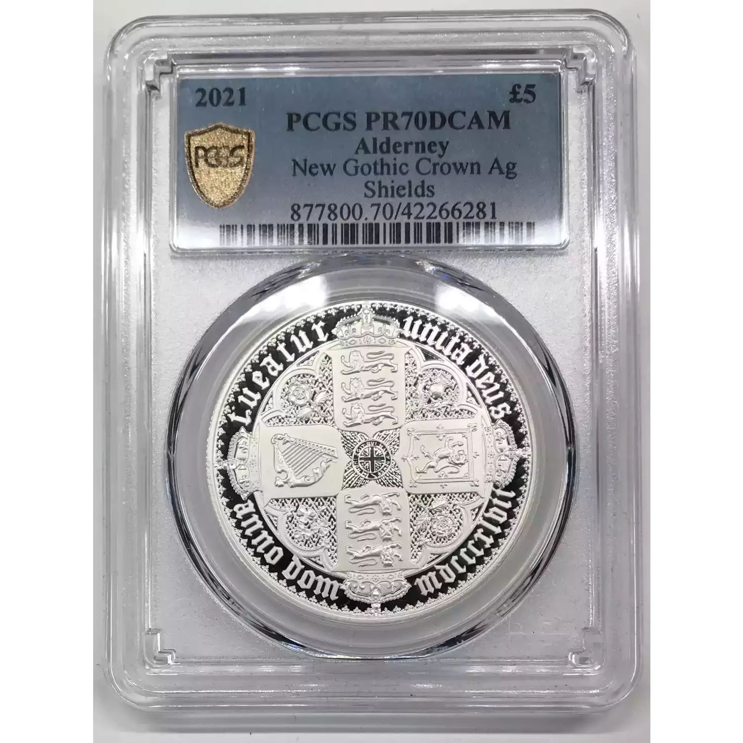2021 ALDERNEY Silver 5 POUNDS PCGS PR-70 DCAM New Gothic Crown Ag - Old ...