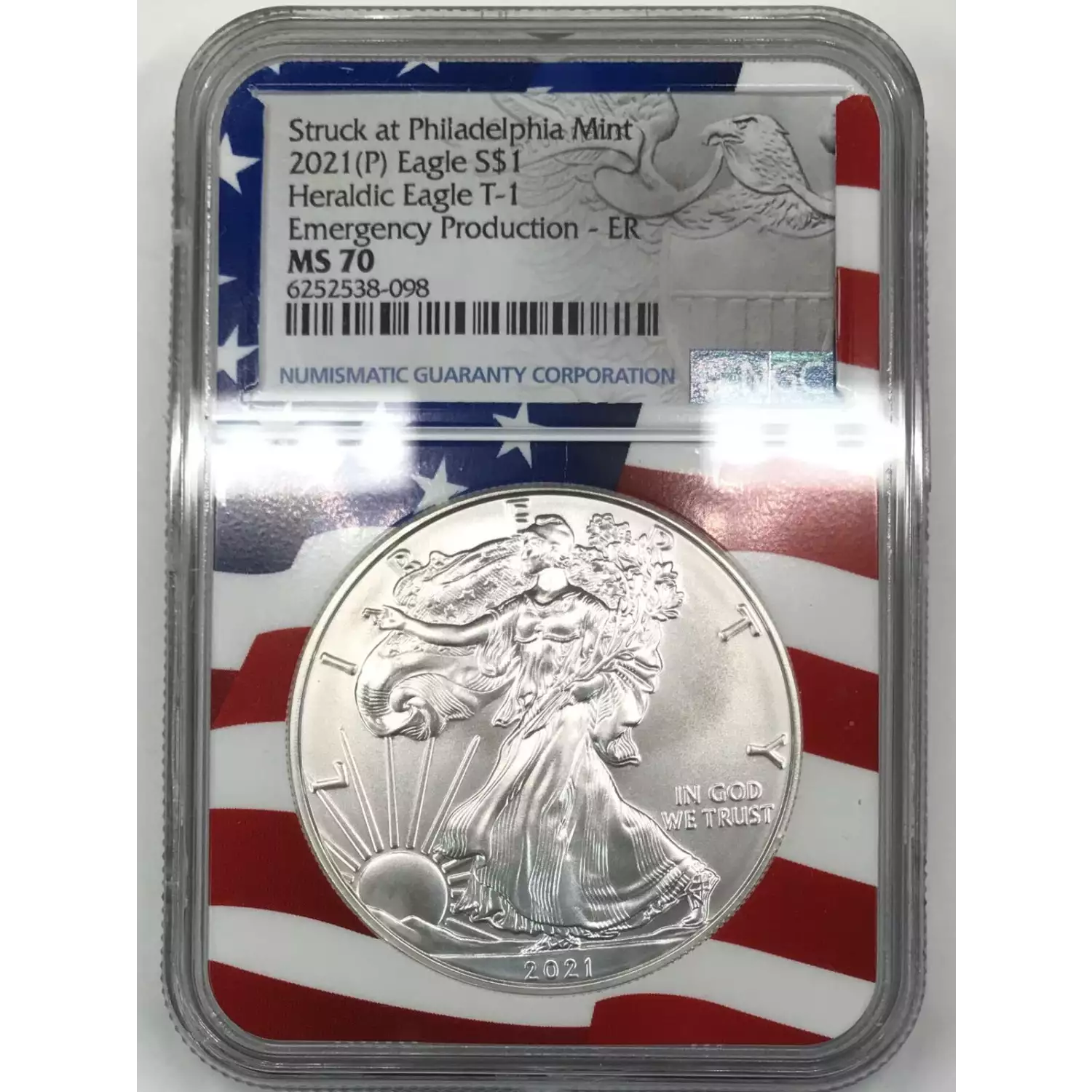 2021-(P) Silver Eagle NGC MS-70 Heraldic Eagle T-1 Emergency Production Struck at Philadelphia ...