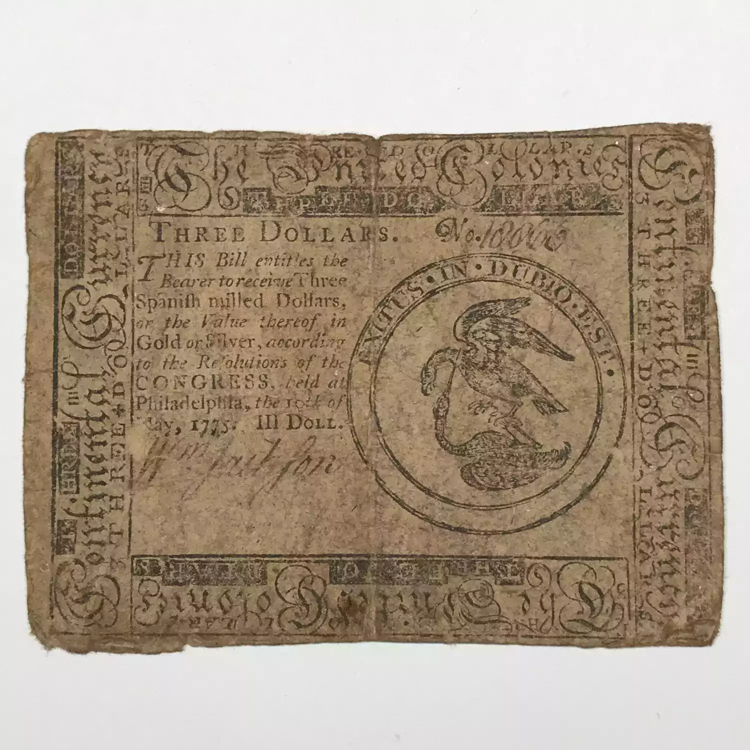May 10, 1775 Three Dollars $3 CONTINENTAL CURRENCY CC-3 - Old Pueblo Coin