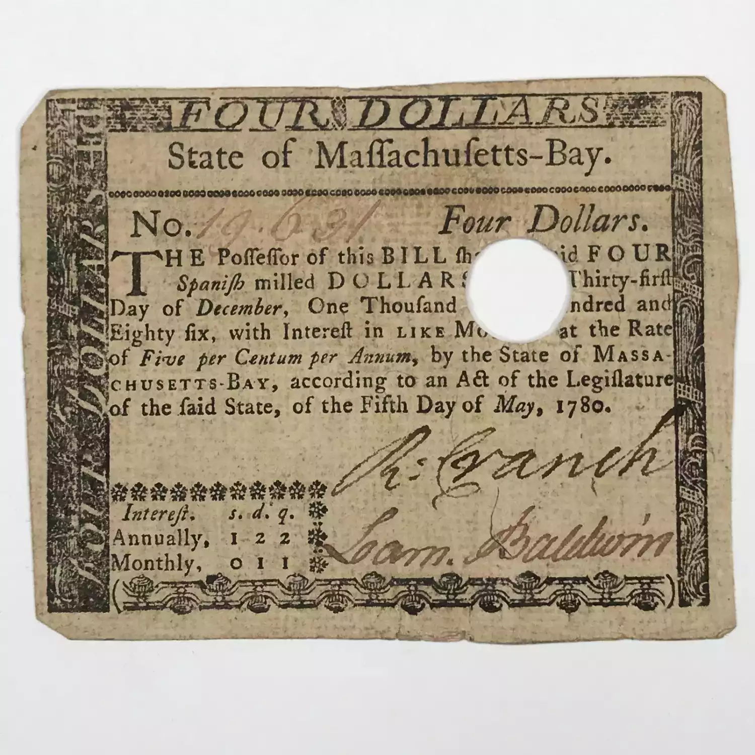 May 5, 1780 $4 COLONIAL CURRENCY Massachusetts Bay MA-281 - Hall ...