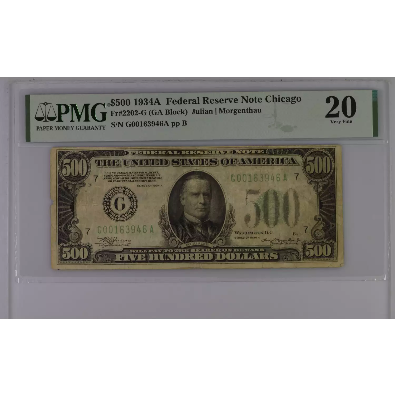 1934A $500 Federal Reserve Note (FRN) Chicago FR#2202-G PMG VF 20 - Annotations - Old Pueblo Coin
