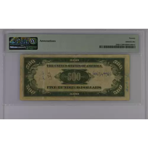 1934A $500 Federal Reserve Note (FRN) Chicago FR#2202-G PMG VF 20 - Annotations - Old Pueblo Coin