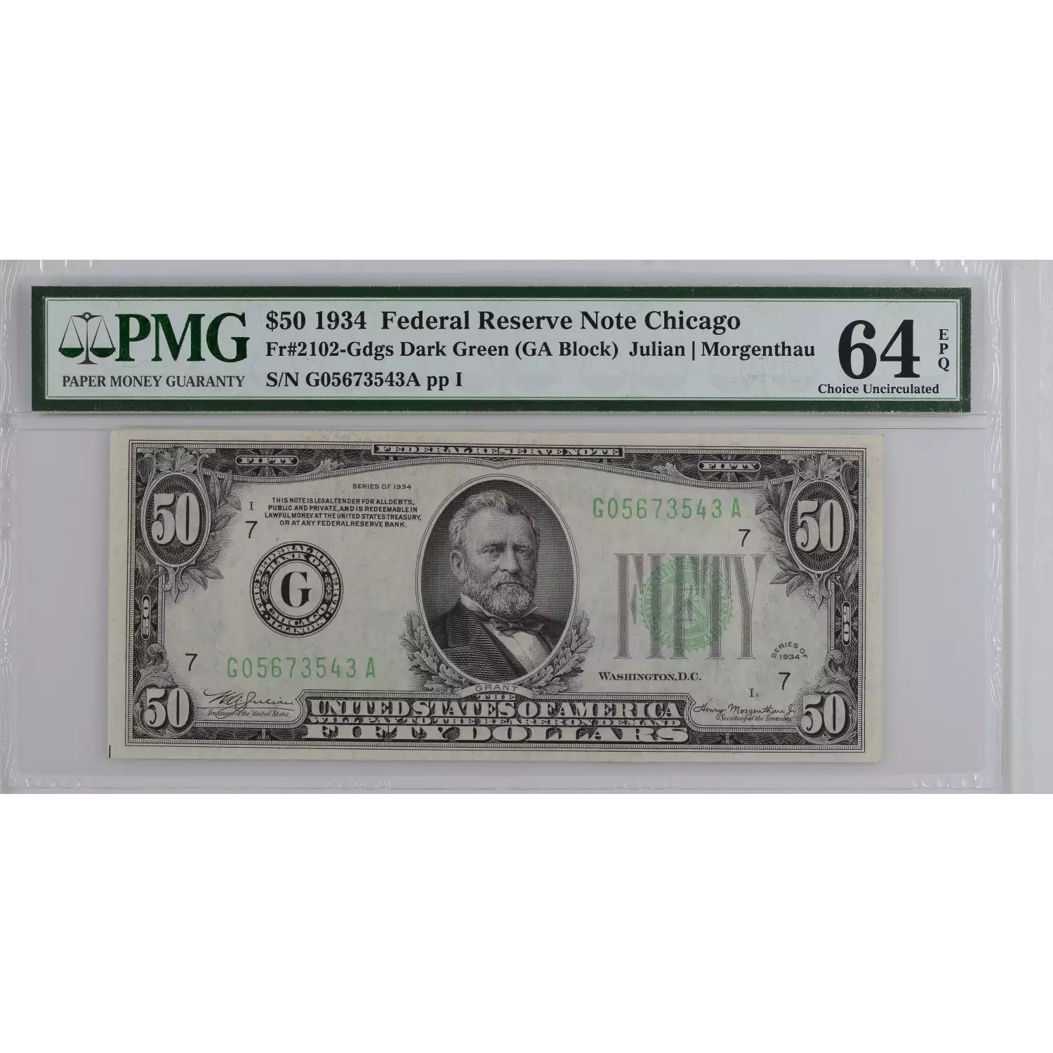1934 $50 Federal Reserve Note Chicago FR 2102-Gdgs PMG CU 64 EPQ - Old ...