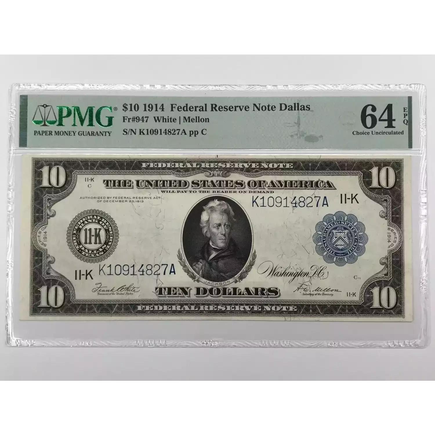 1914 $10 Federal Reserve Note Dallas FR#947 PMG CU 64 EPQ - Old Pueblo Coin