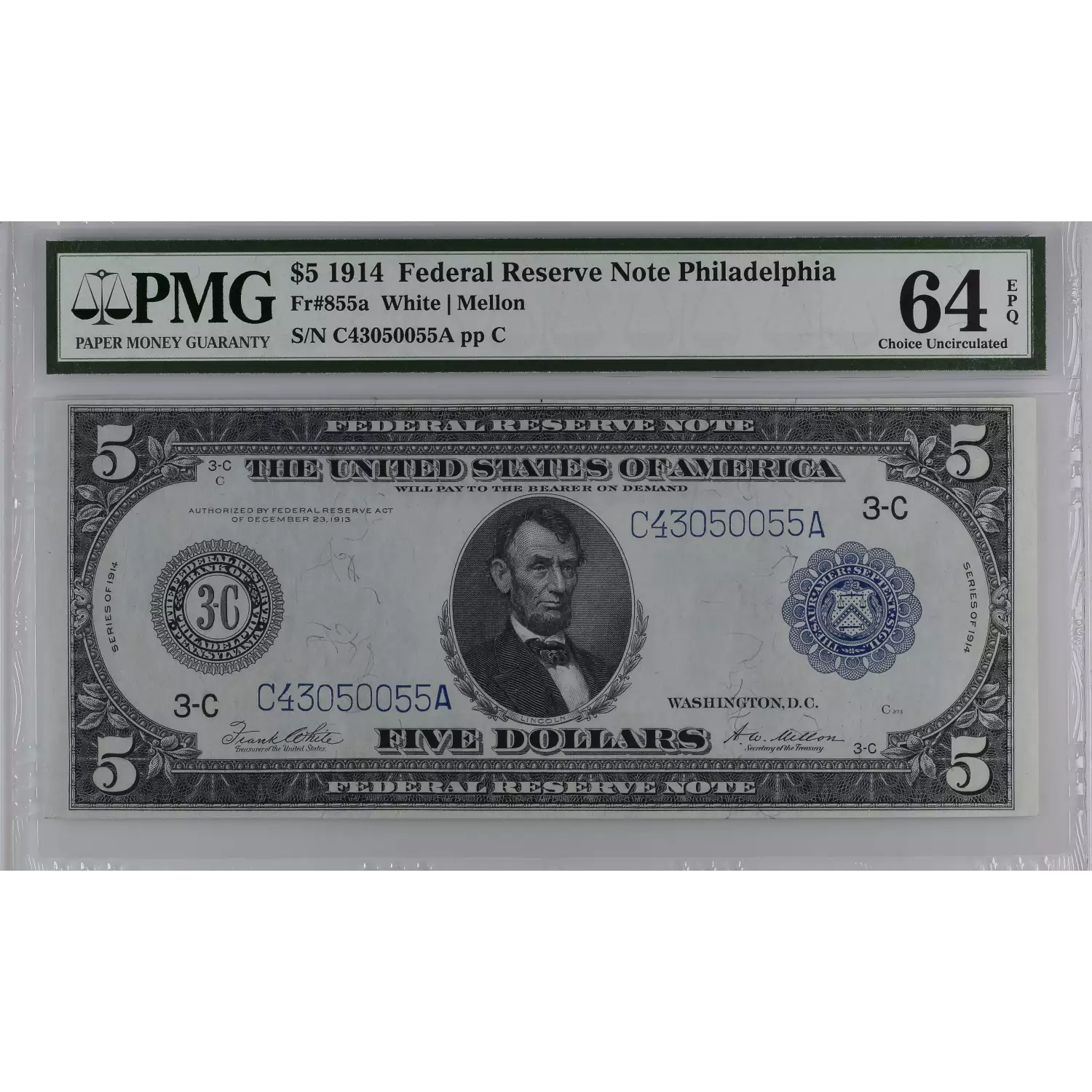 1914 $5 Federal Reserve Notes 855A PMG 64 EPQ - Old Pueblo Coin