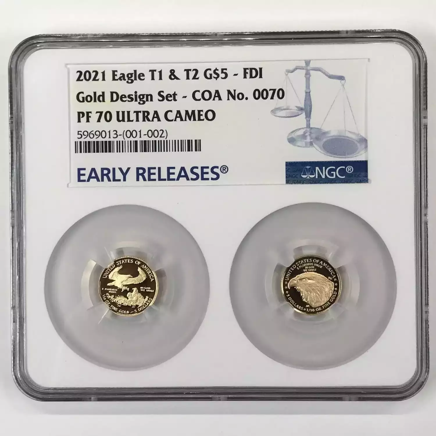 2021 1/10 oz $5 Gold Eagle NGC PF-70 Ultra Cameo Type 1 & 2 Designer ...