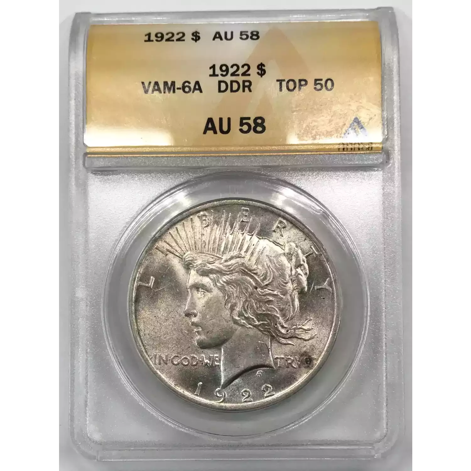 1922 Peace Silver Dollar ANACS AU-58 TOP 50 VAM-6A DDR Leaves & Crack - Old Pueblo Coin